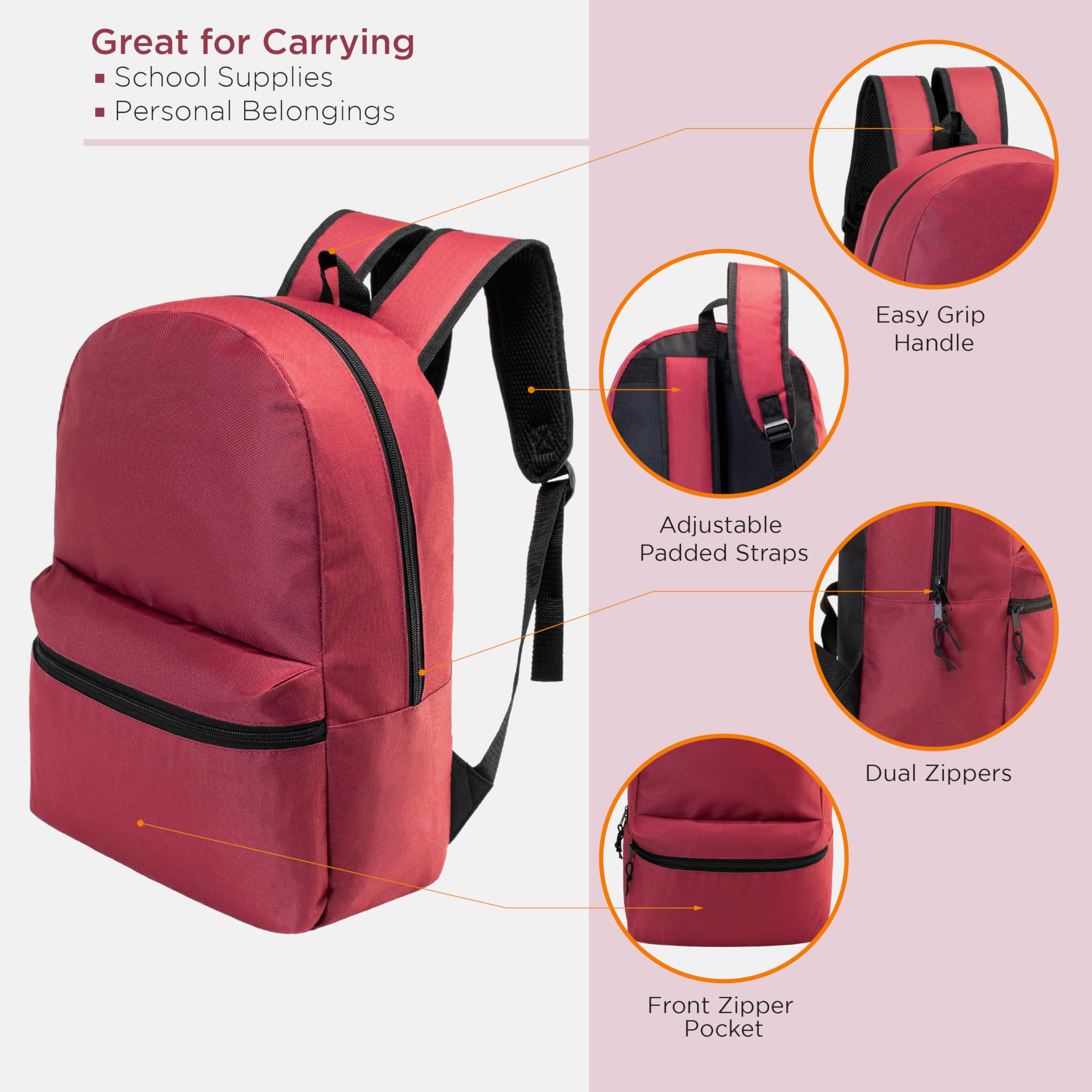 Moda West Wholesale Classic 15 Inch Basic Backpack in 12 Assorted Colors - Bulk Case of 24 Bookbags