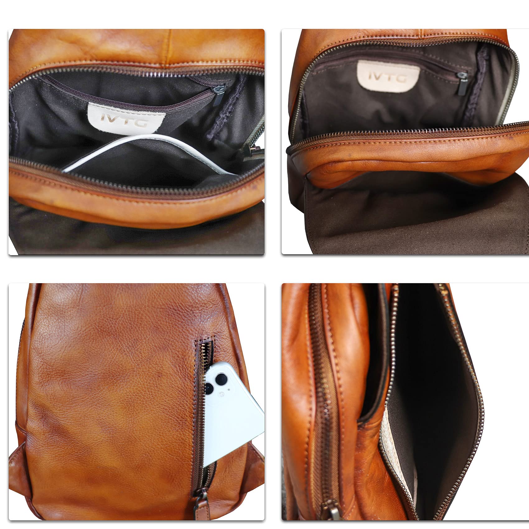 IVTG Genuine Leather Sling Bag Vintage Crossbody Hiking Shoulder Bag Sling Backpack Retro Cowhide Handmade Casual Daypack Motocycle Bag Cycling Daypack (Brown)