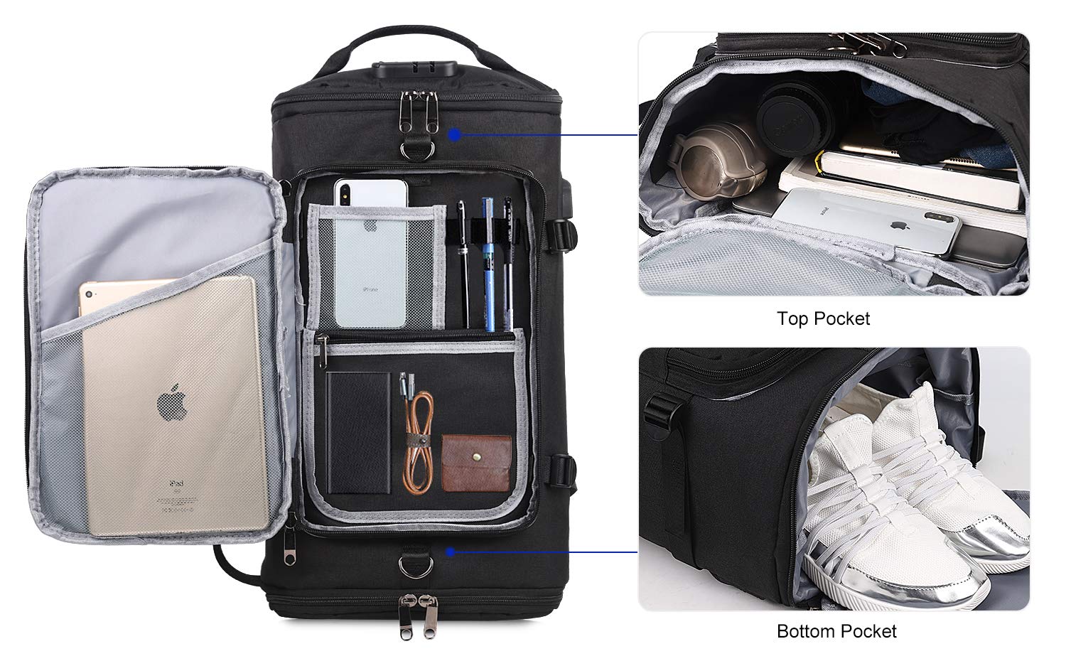 Travel Backpack,Duffel Outdoor Backpack with Shoe Compartment,Anti Theft College Laptop Bookbag w/USB Charging Weekender Bag Water Proof Hiking Camping Rucksack for Men and Women