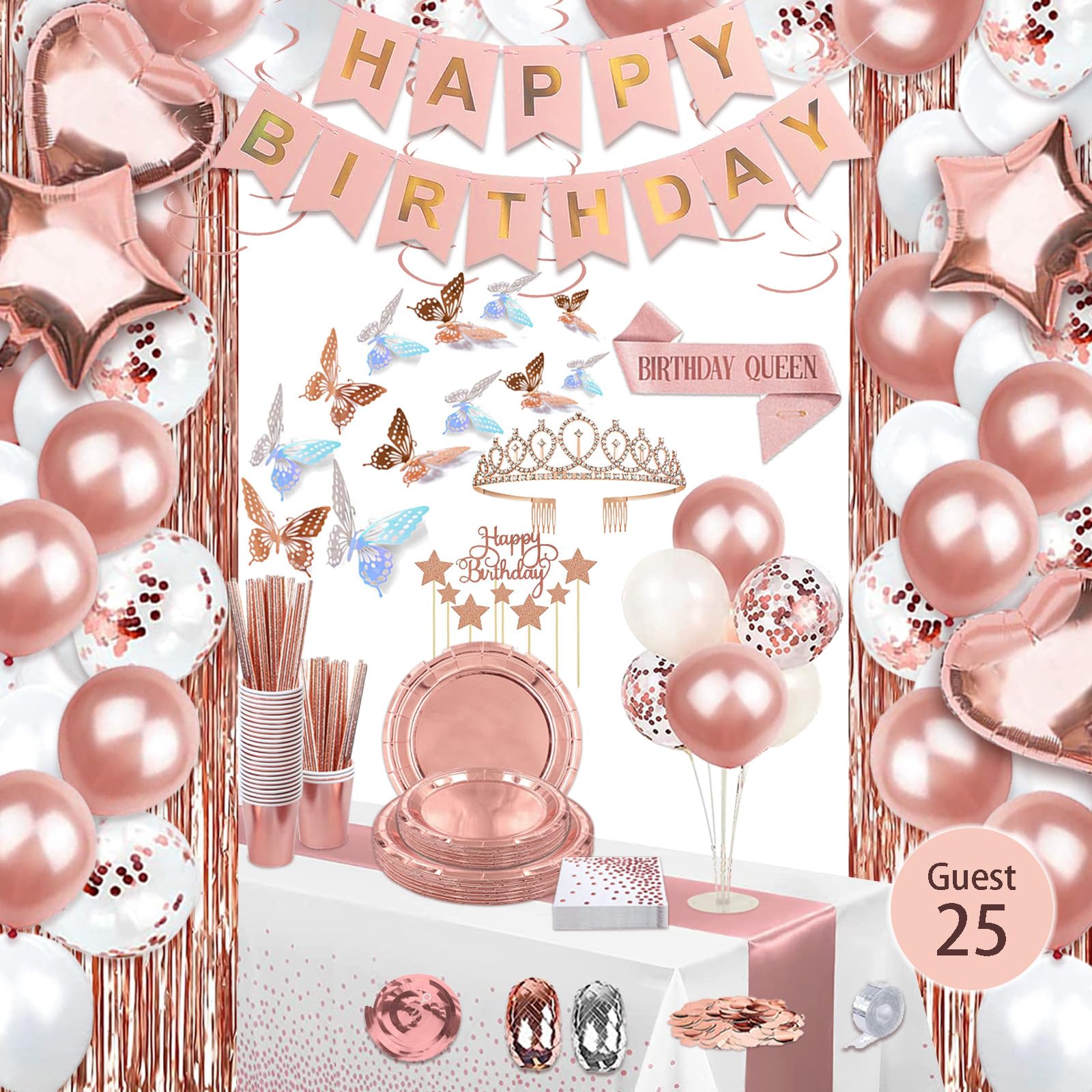 UJoyant 236 Pcs Birthday Decorations For Women, Rose Gold Party Decorations Kit For Girls Or Women - Butterfly Decors, Hanging Swirl, Balloon Stand Kit, Sash, Tiara, Banner, Tassel Curtain, Balloon, Tableware Kit For 25 Guests