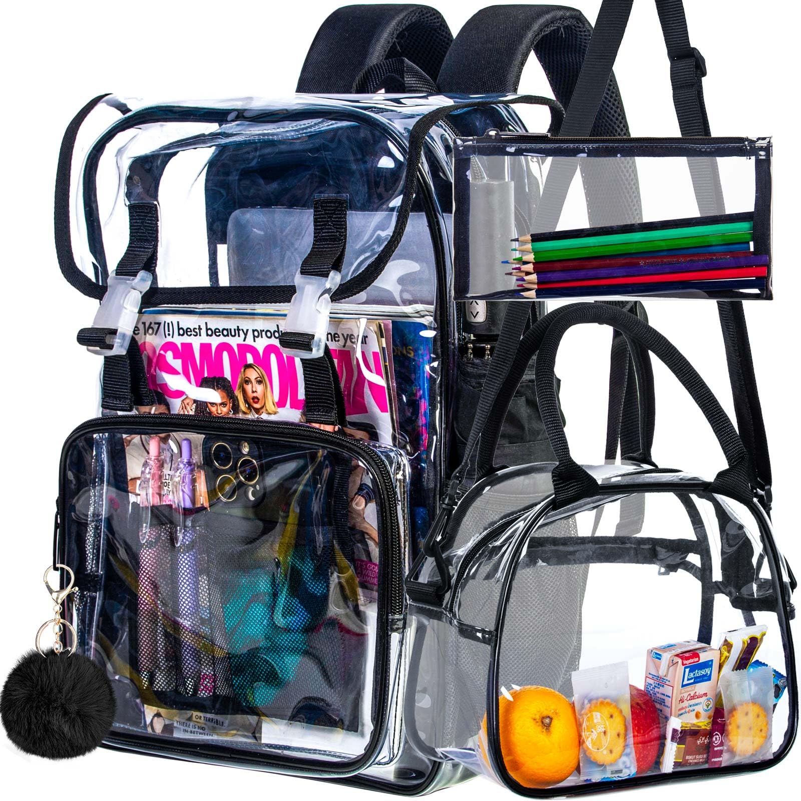 FTJCF Clear Backpack, Stadium Approved Transparent Bookbag, Heavy Duty PVC See Through Backpack - Black