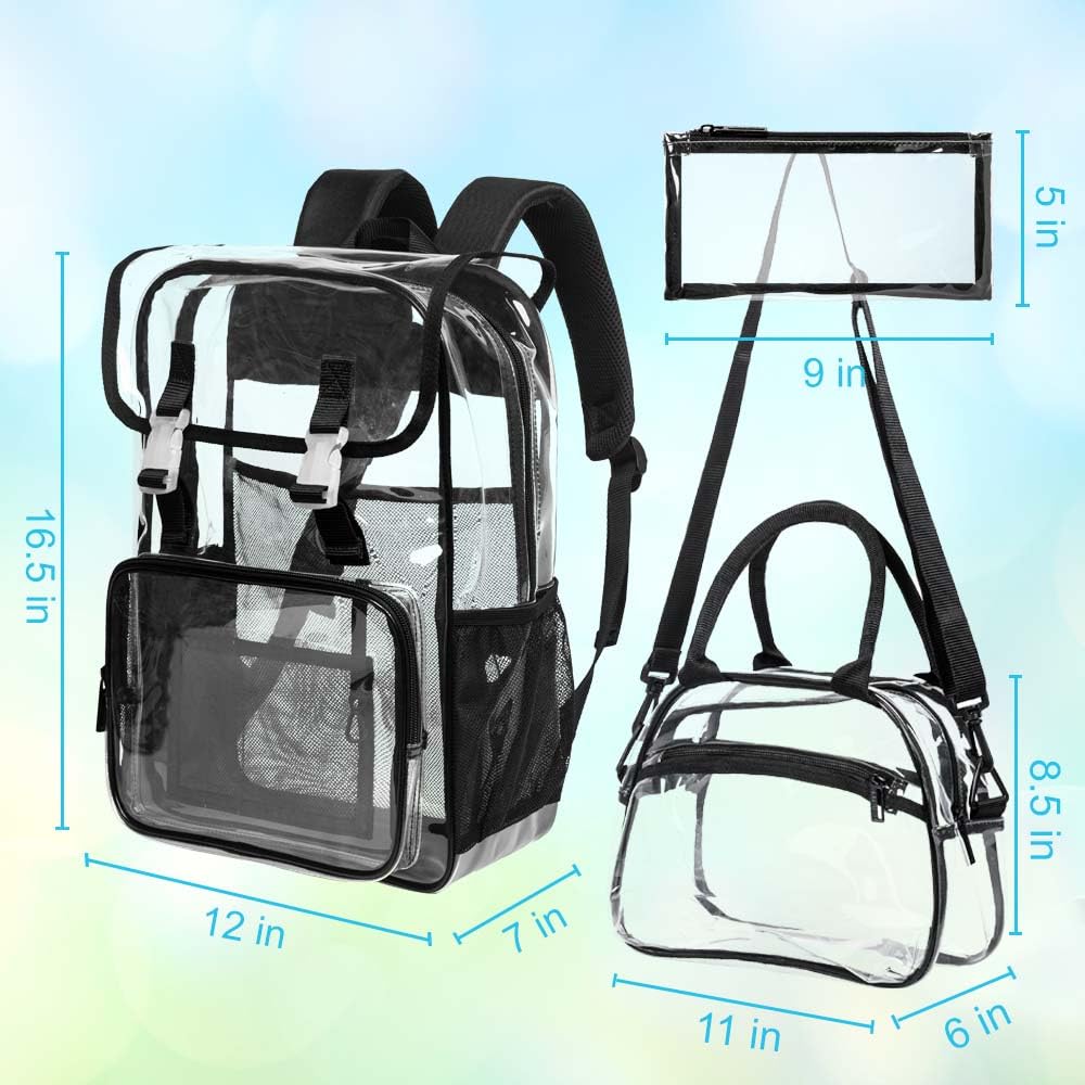 FTJCF Clear Backpack, Stadium Approved Transparent Bookbag, Heavy Duty PVC See Through Backpack - Black
