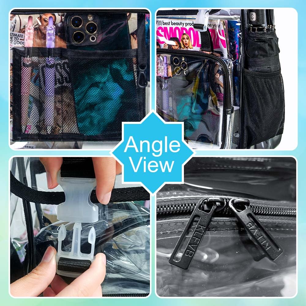 FTJCF Clear Backpack, Stadium Approved Transparent Bookbag, Heavy Duty PVC See Through Backpack - Black