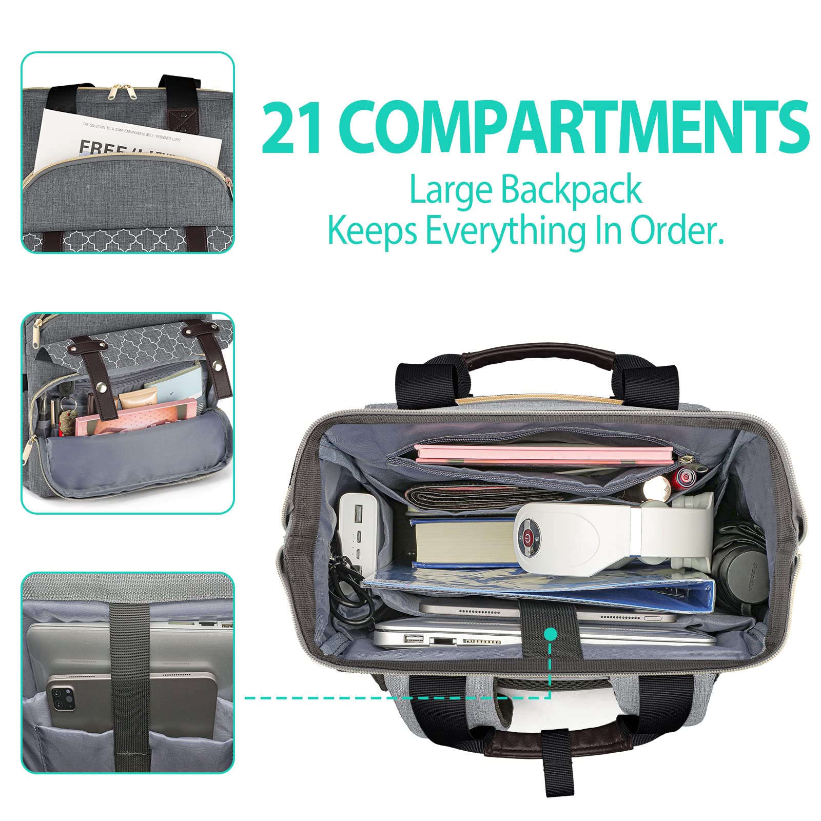 Travel Backpack for Women, Large Wide Open Womens Backpack for Work, Water Resistant Collage School Backpack with USB Port, 15.6 Inch Bookbag Computer Bag for Doctor Teacher Student Nurse, Grey