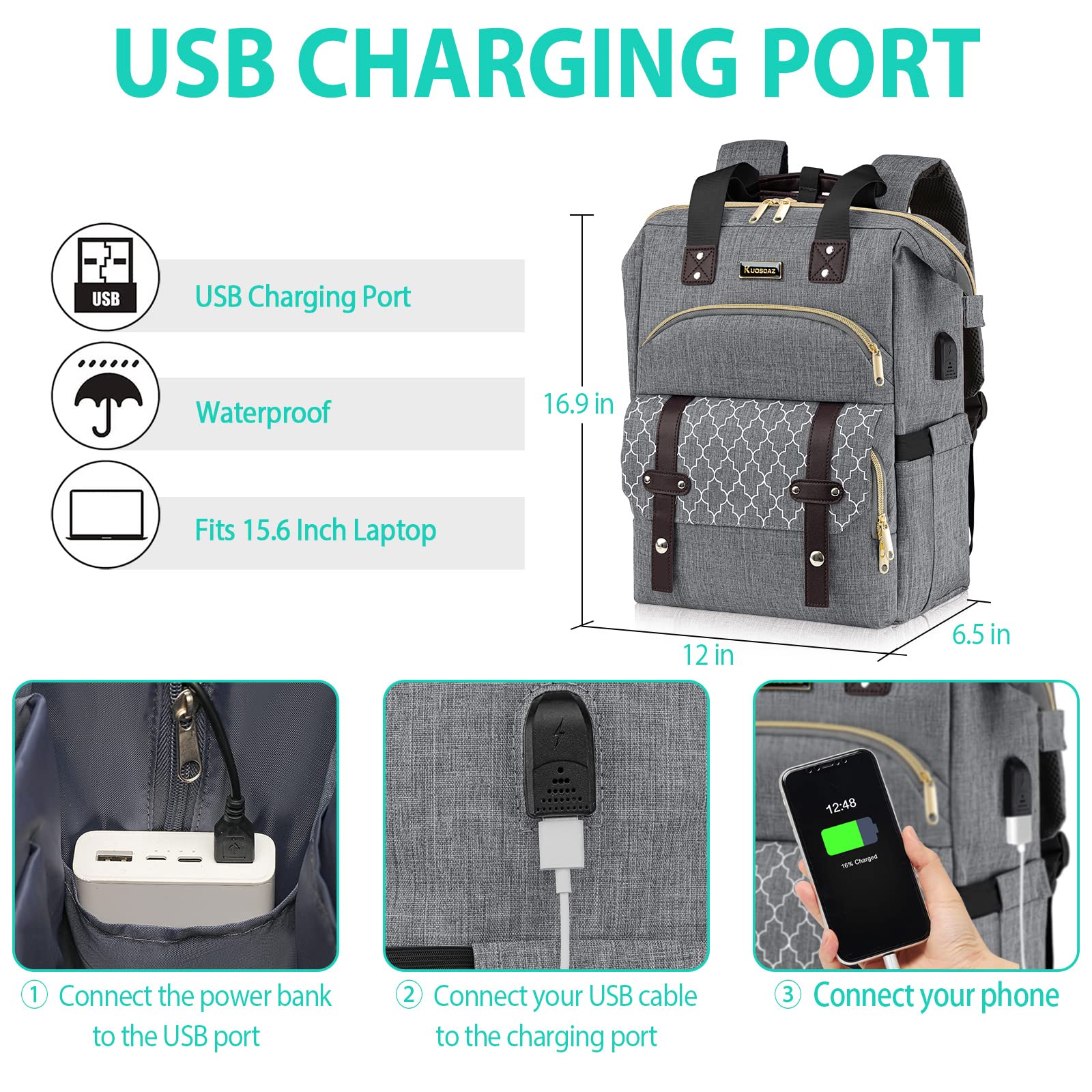 Travel Backpack for Women, Large Wide Open Womens Backpack for Work, Water Resistant Collage School Backpack with USB Port, 15.6 Inch Bookbag Computer Bag for Doctor Teacher Student Nurse, Grey