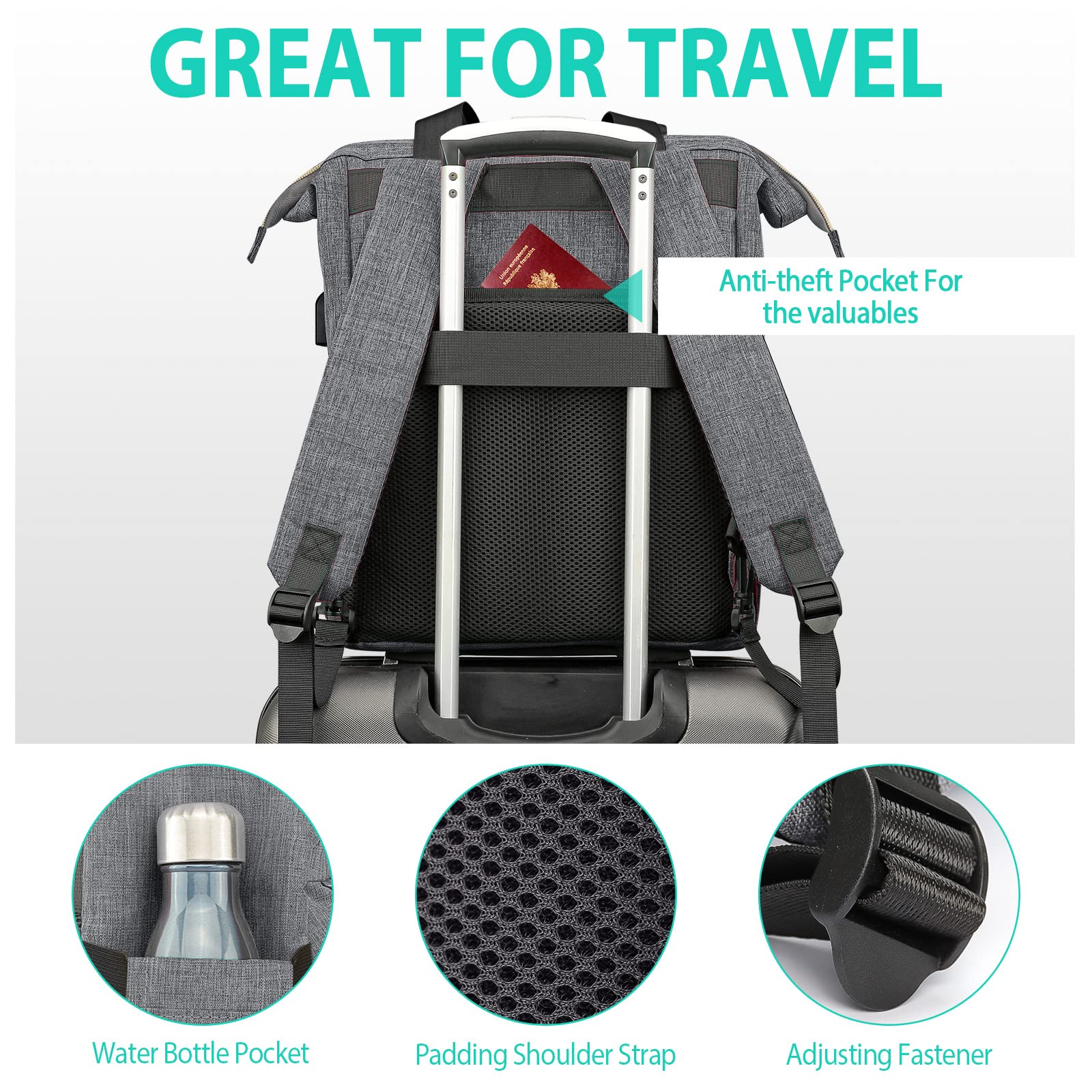 Travel Backpack for Women, Large Wide Open Womens Backpack for Work, Water Resistant Collage School Backpack with USB Port, 15.6 Inch Bookbag Computer Bag for Doctor Teacher Student Nurse, Grey
