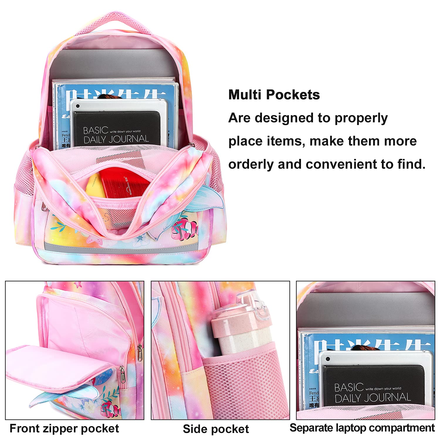LEDAOU Kids Preschool Backpack Lunch Box Girls Kindergarten BookBag Primary Waterproof Galaxy School Bag 7 Pockets with Chest Strap