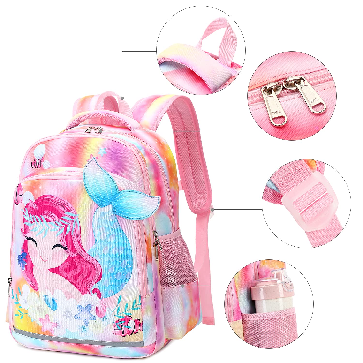 LEDAOU Kids Preschool Backpack Lunch Box Girls Kindergarten BookBag Primary Waterproof Galaxy School Bag 7 Pockets with Chest Strap