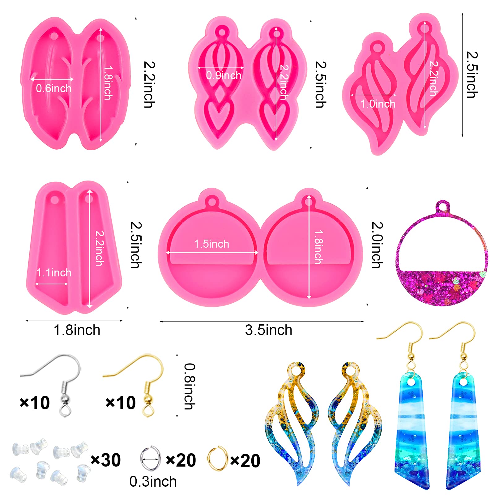 Mity rain 95pcs Resin Jewelry Molds Kit, 5 Pairs Earring Silicone Molds Epoxy Casting Molds with Hole, Sets of Earring Hooks, Jump Ring, Eye Pins for Resin Jewelry, Pendant, Key Chains