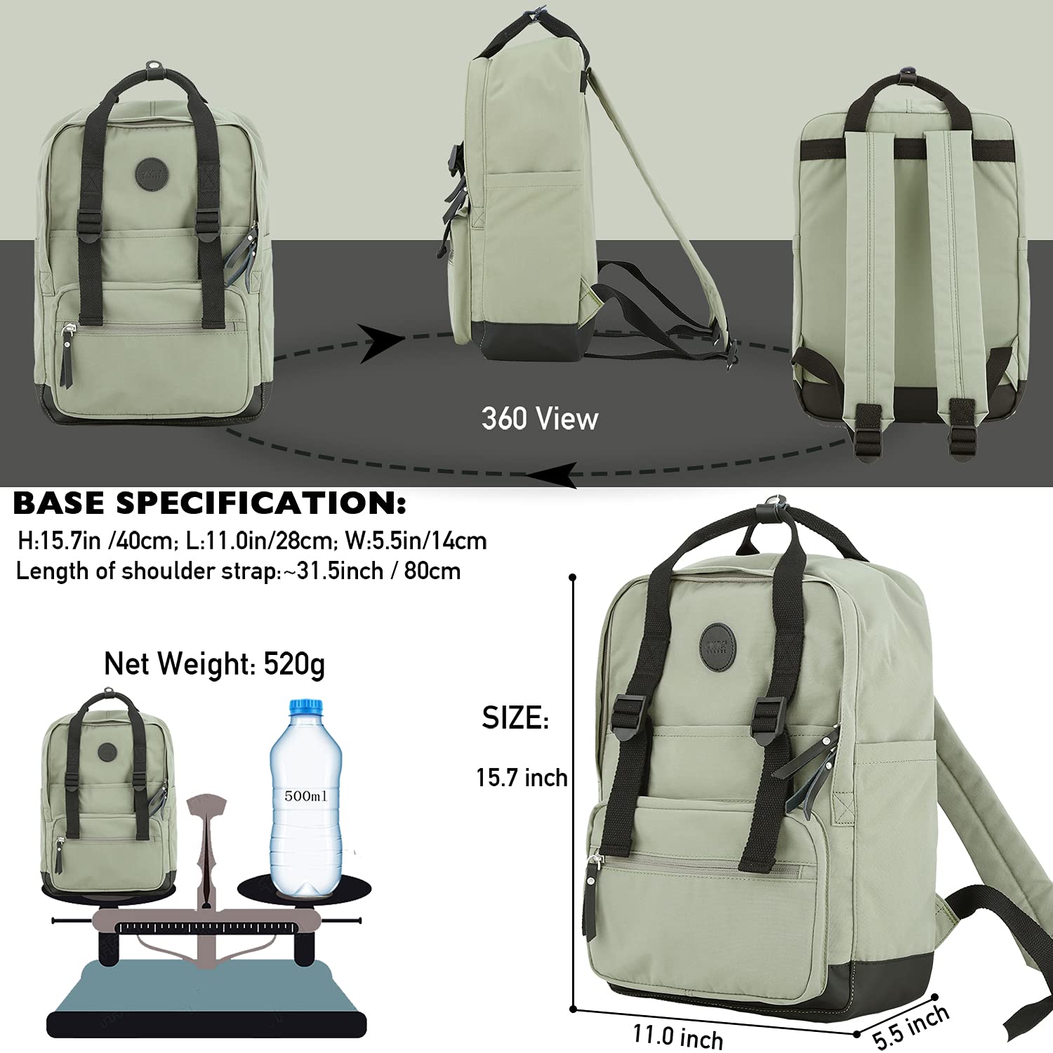OKTA Laptop Waterproof Hiking Backpack for women - Shoulders School Bag (Olive-green)