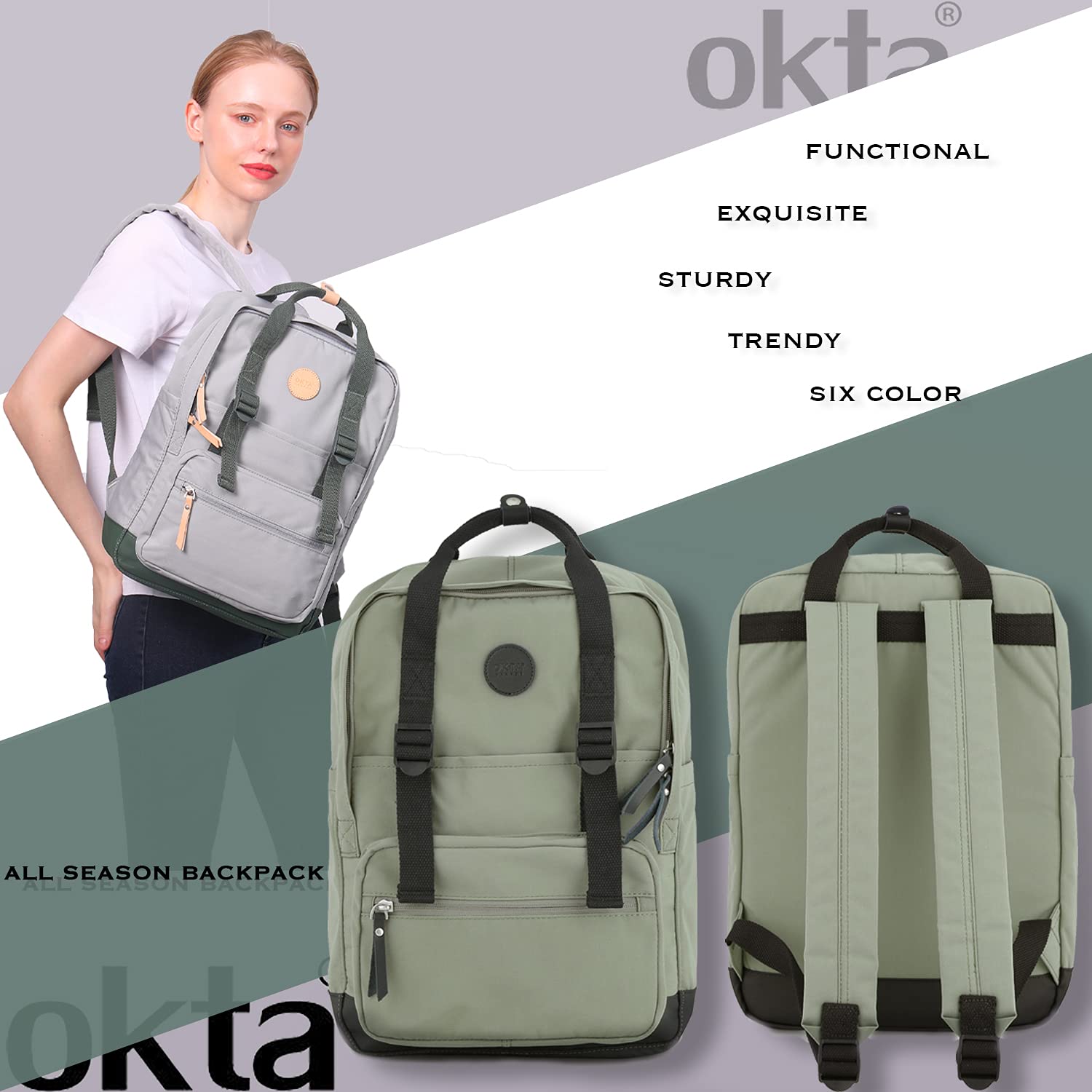 OKTA Laptop Waterproof Hiking Backpack for women - Shoulders School Bag (Olive-green)