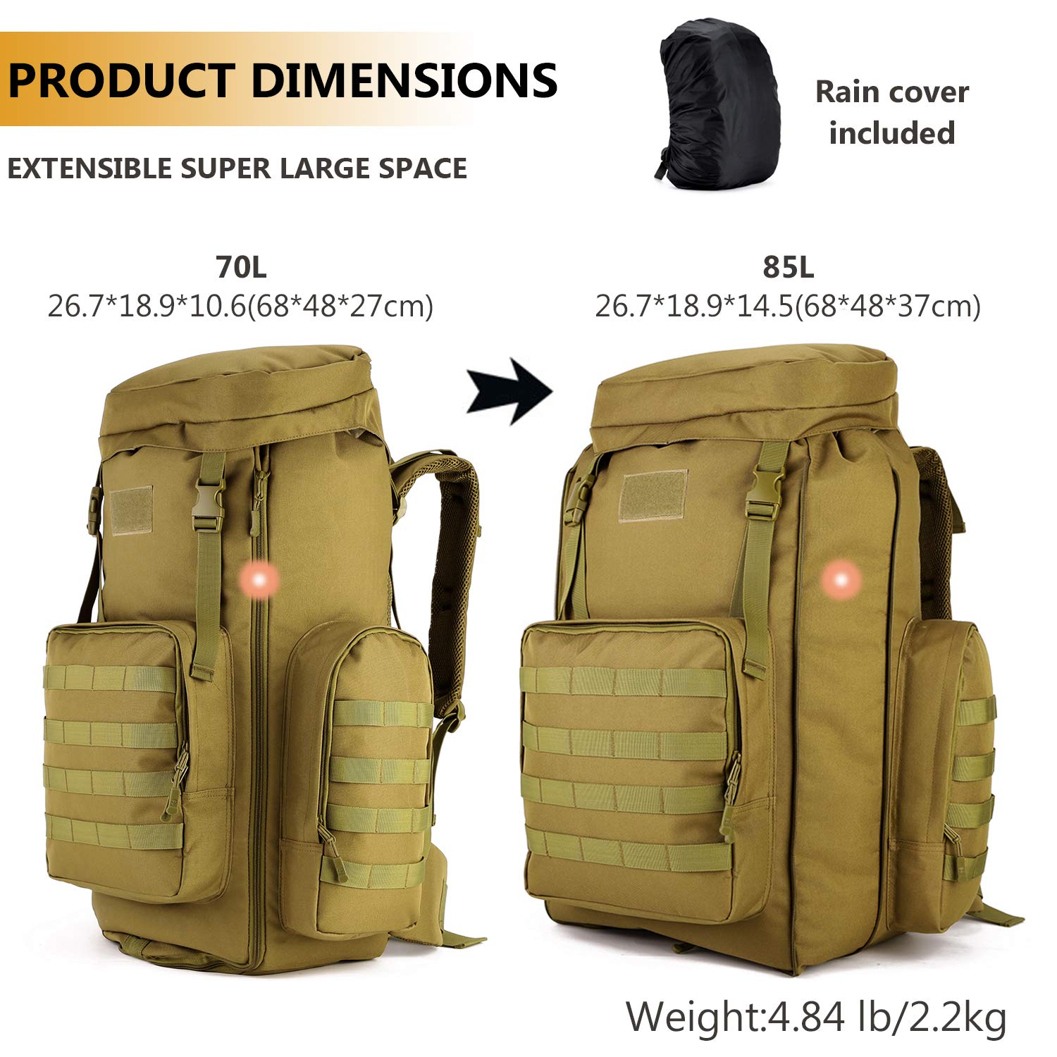 Protector Plus Tactical Hiking Daypack 70-85L Military MOLLE Assault Backpack Army Traveling Camping Pack Bug Out Bag Outdoor Rucksack (Rain Cover & Patch Included), Black Camo