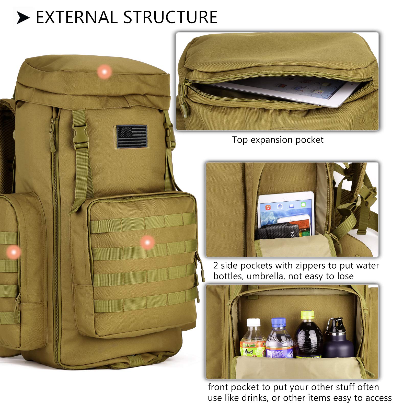 Protector Plus Tactical Hiking Daypack 70-85L Military MOLLE Assault Backpack Army Traveling Camping Pack Bug Out Bag Outdoor Rucksack (Rain Cover & Patch Included), Black Camo