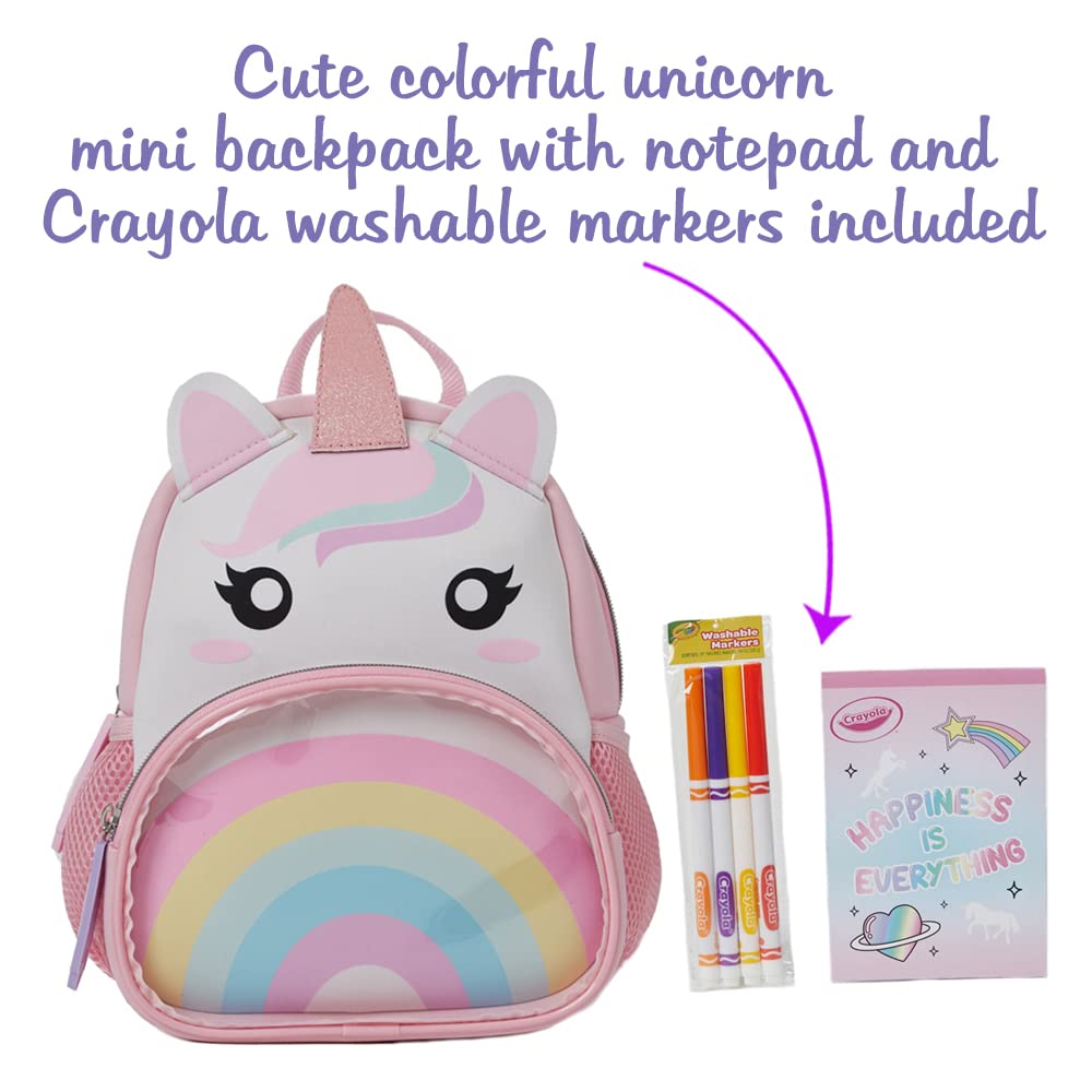 Crayola Neoprene Unicorn Mini Backpack for Girls & Toddlers with Crayola Markers & Notepad, 10 inch, Pink