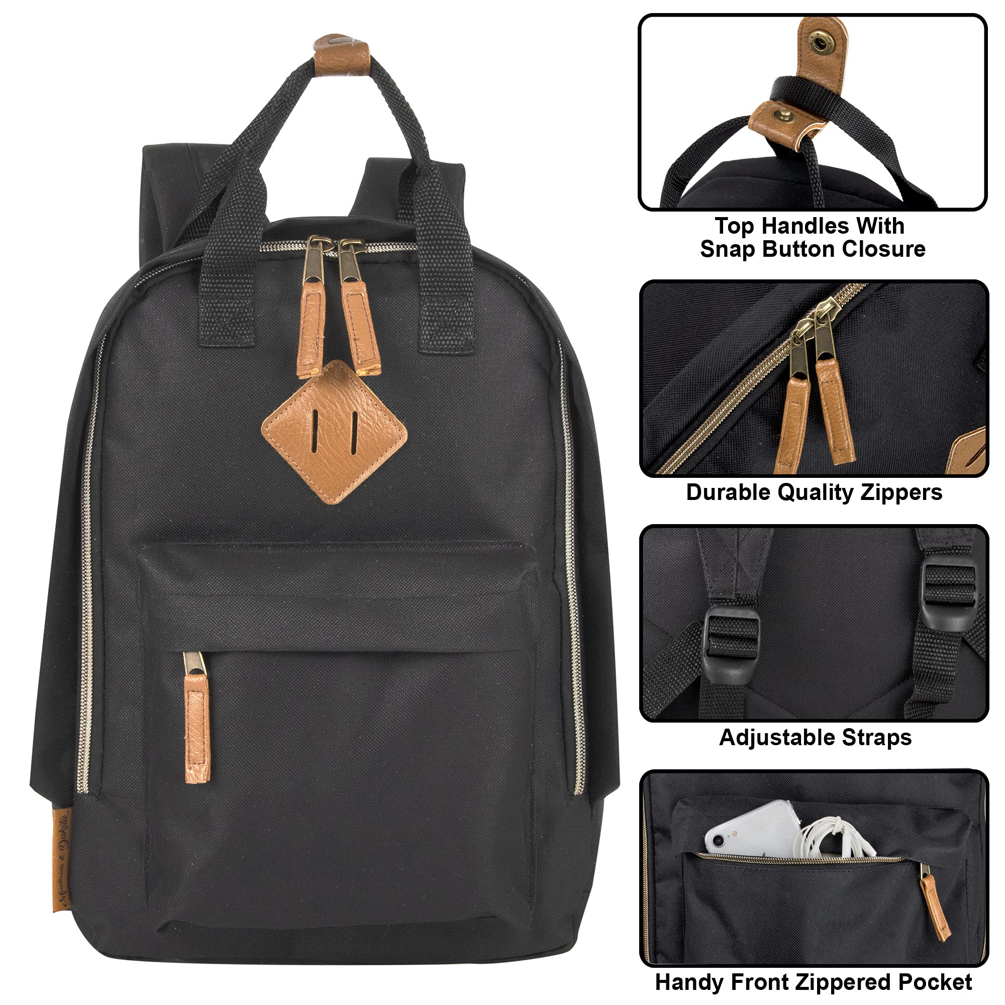 MADISON & DAKOTA Canvas Mini Backpack for Everyday & Day Pack Rucksack in Solid Color Blocks (Black)