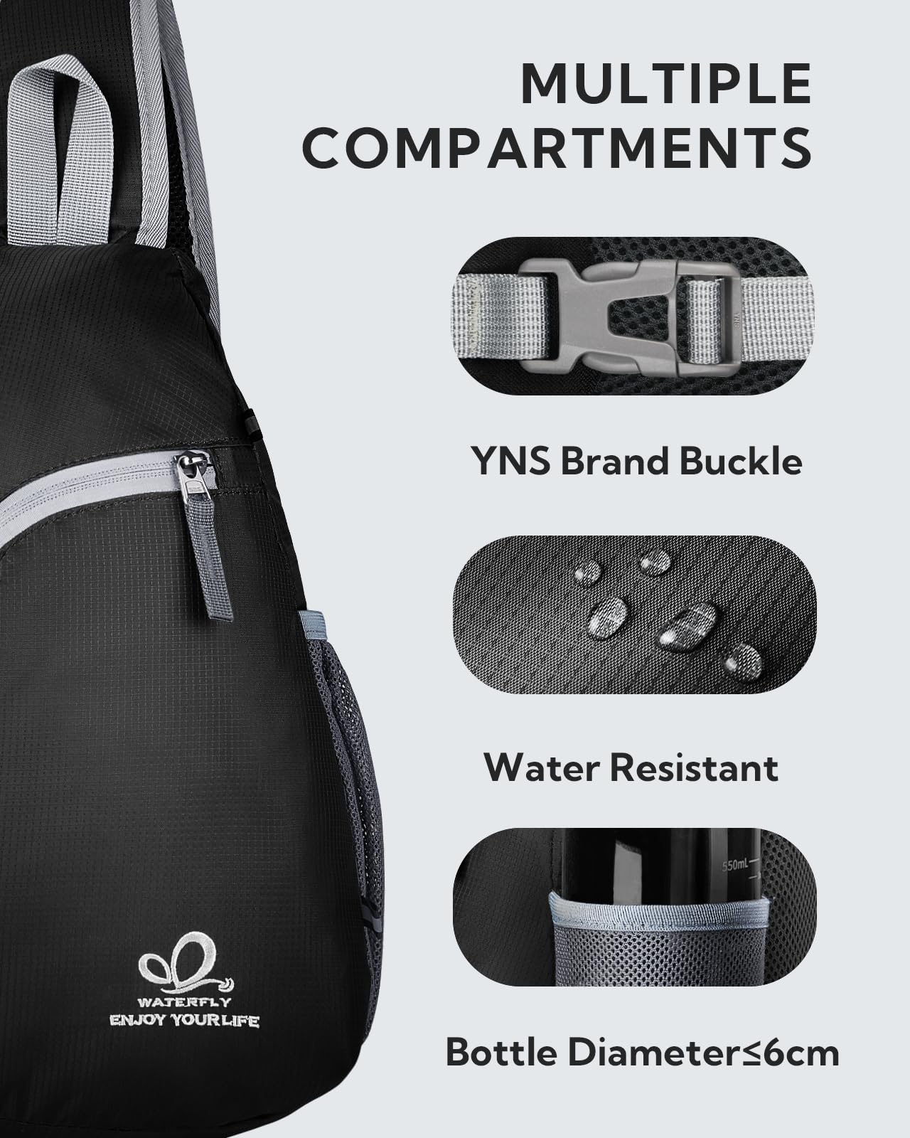 WATERFLY Crossbody Sling Bag Small Water Resistant Backpack Lightweight Shoulder Chest Daypack for Men Women Hiking Travel