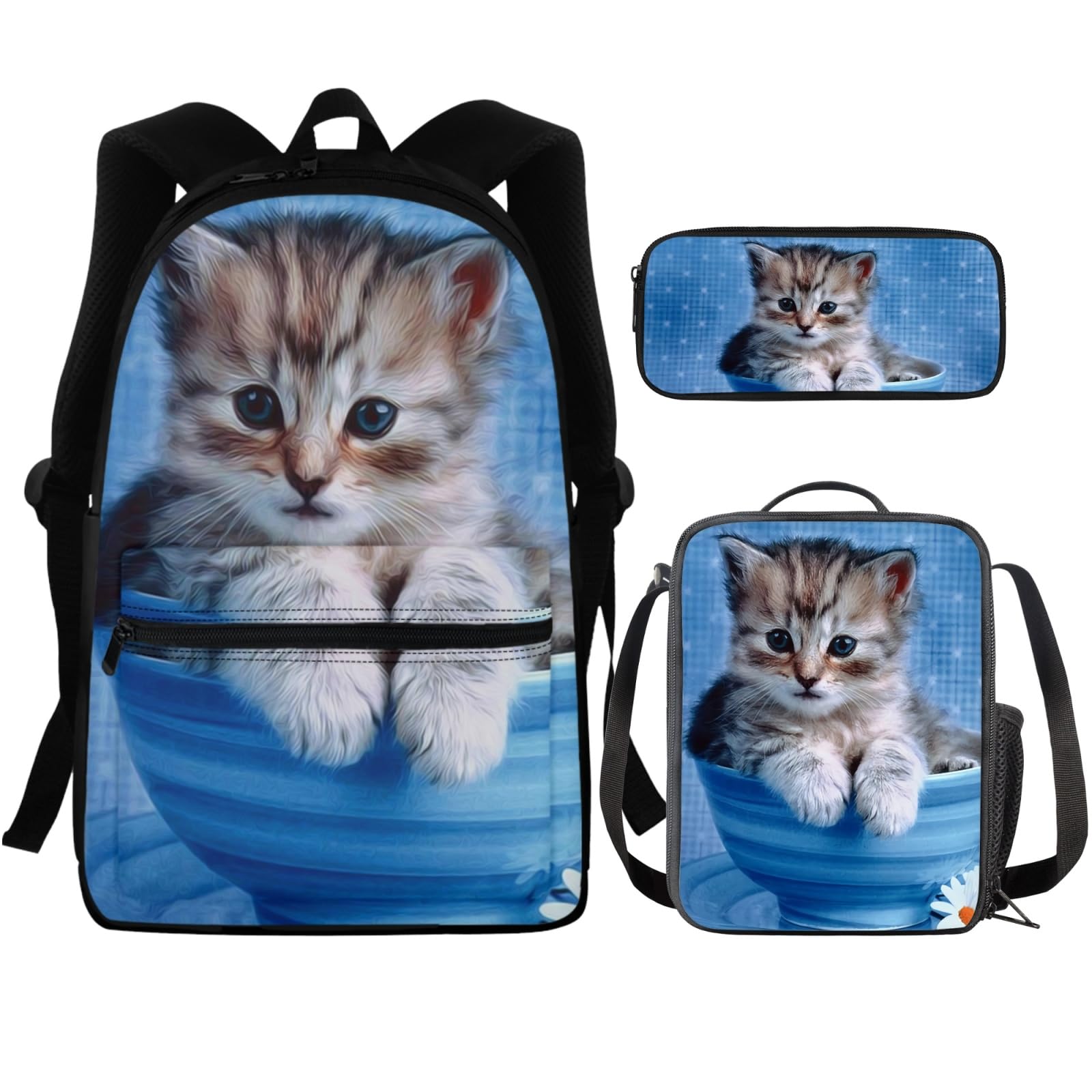 FOR U DESIGNS Kitten Cat Teens Backpack Set Canvas Girls School Bags Bookbags 3 in 1
