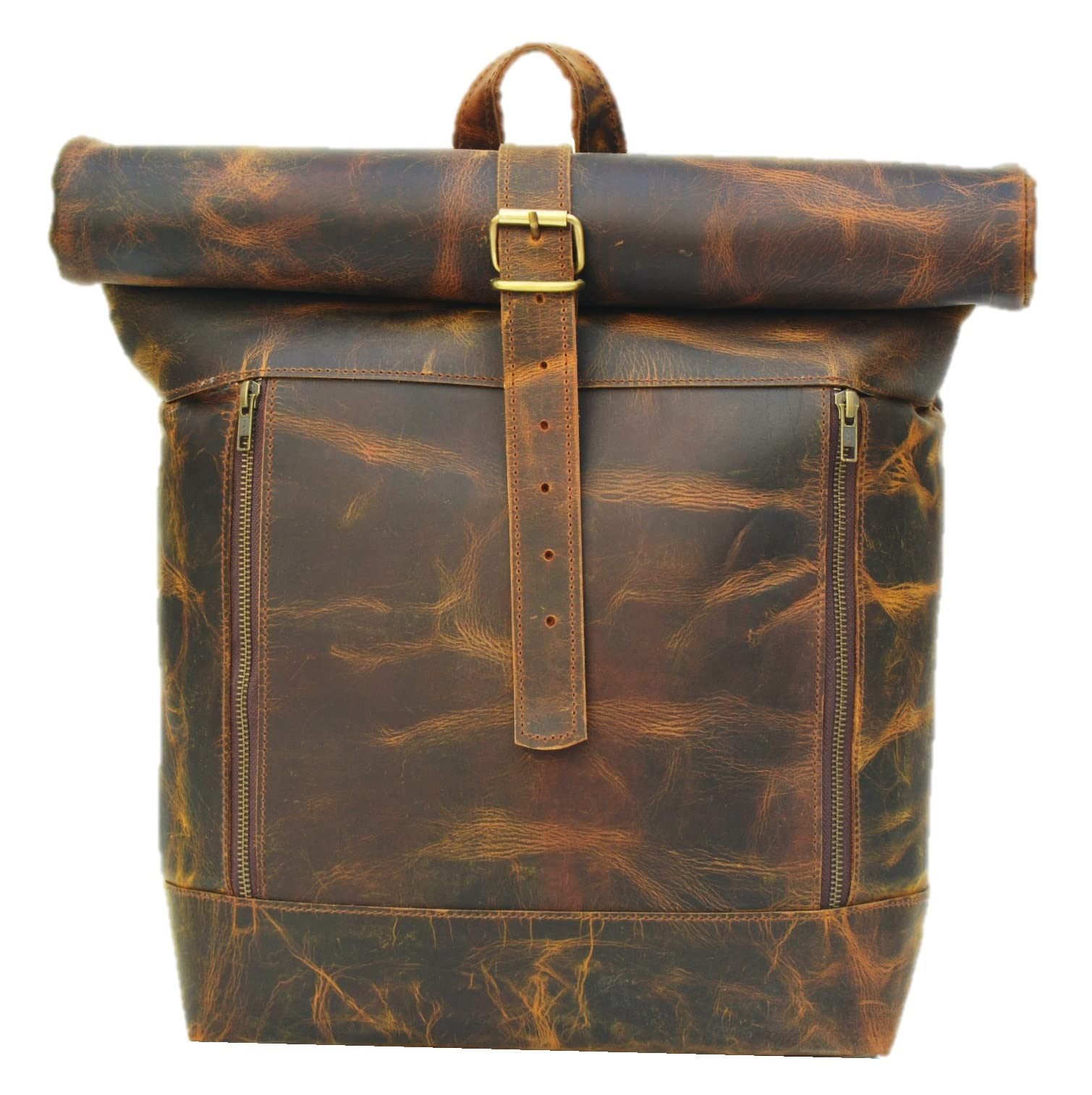 Satchel And Fable Men Leather Vintage Roll on Laptop Backpack Rucksack Bag Brown