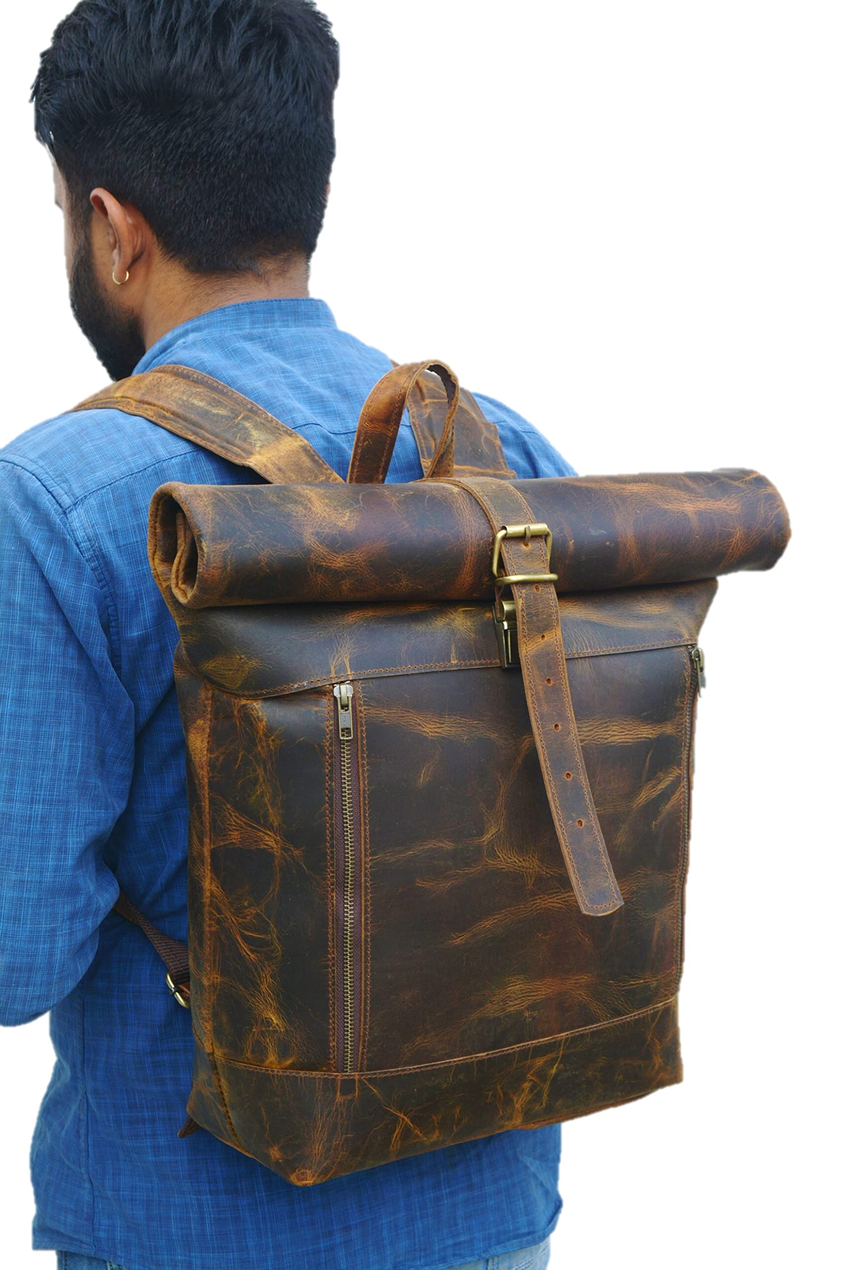Satchel And Fable Men Leather Vintage Roll on Laptop Backpack Rucksack Bag Brown