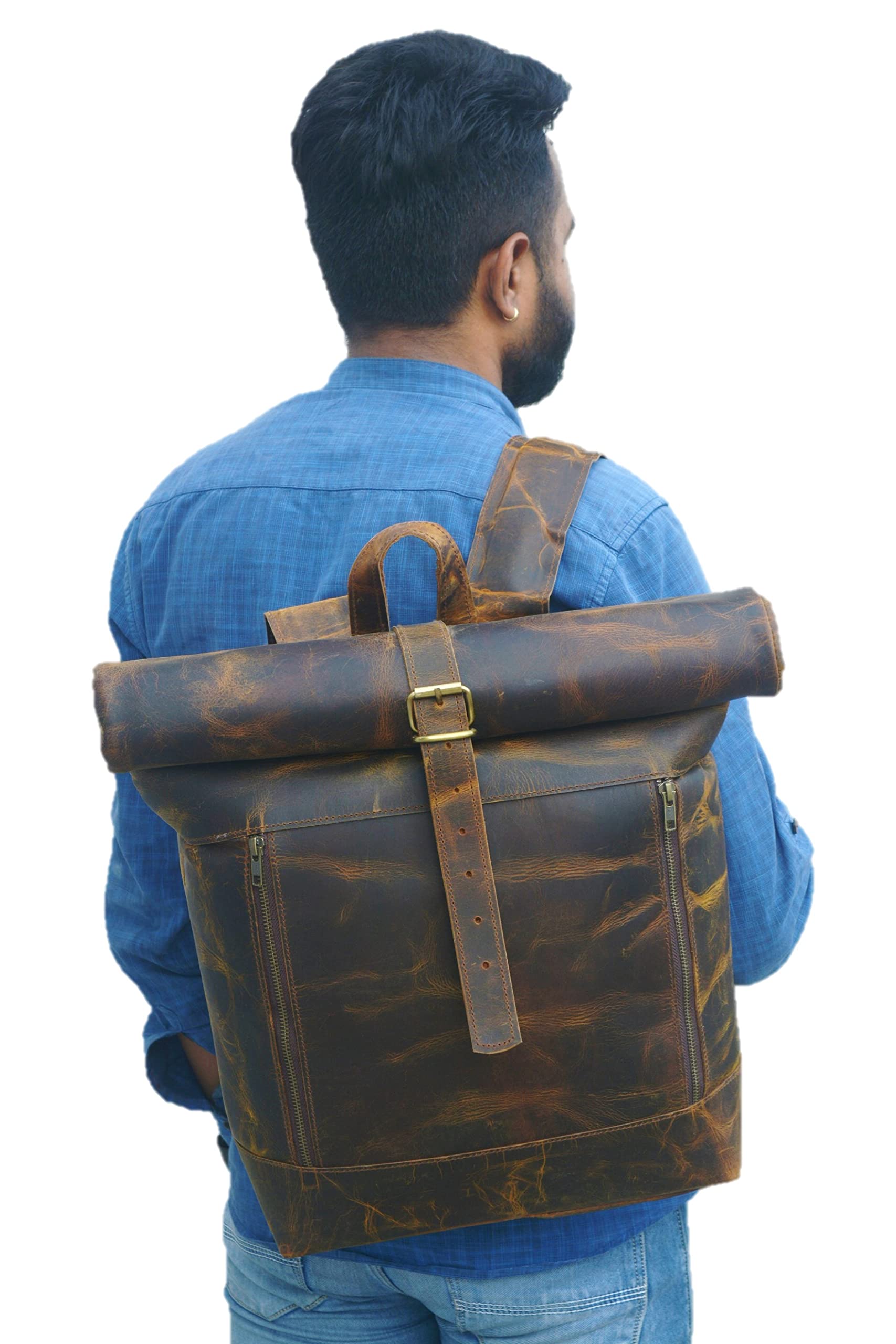 Satchel And Fable Men Leather Vintage Roll on Laptop Backpack Rucksack Bag Brown