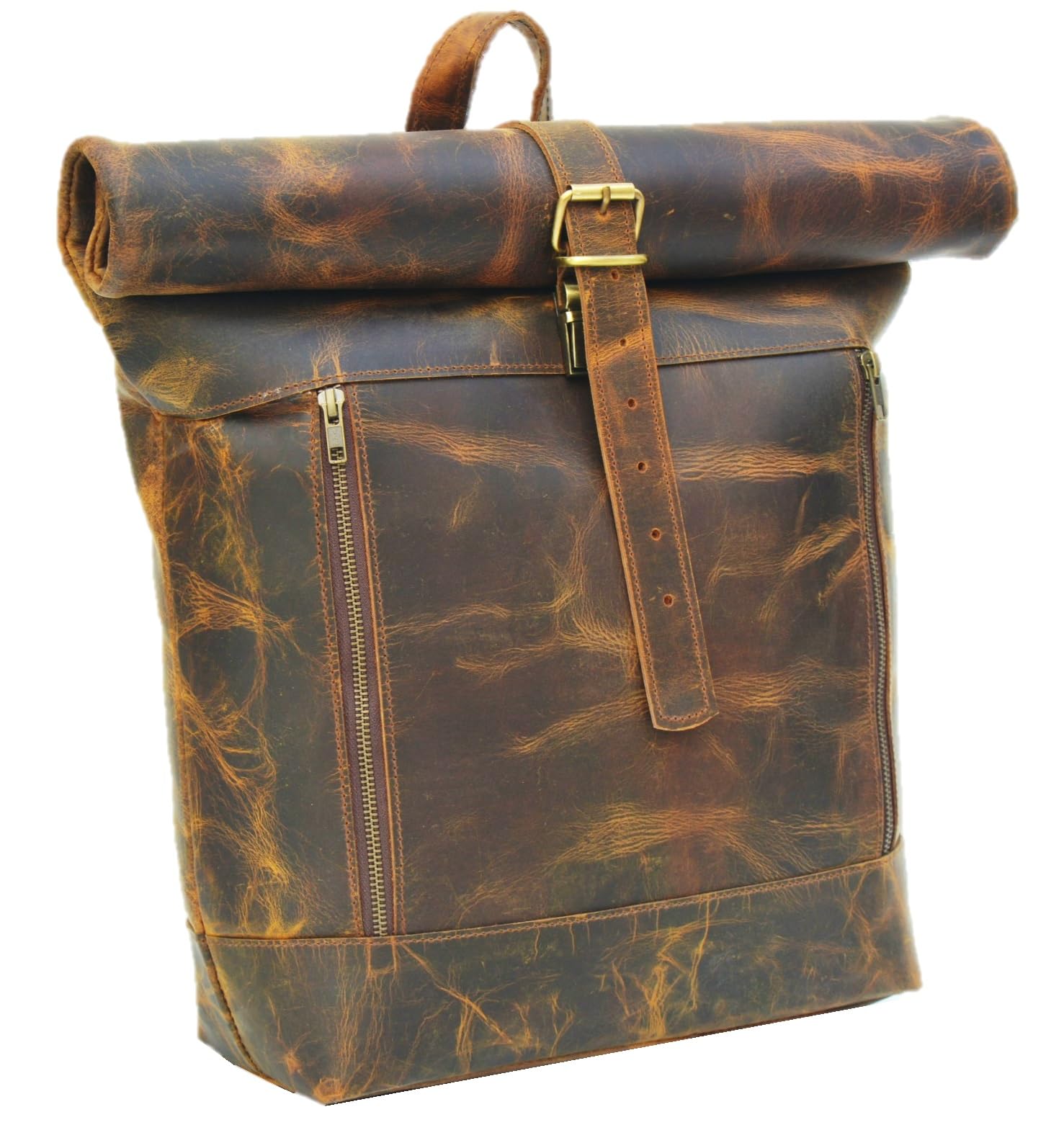 Satchel And Fable Men Leather Vintage Roll on Laptop Backpack Rucksack Bag Brown