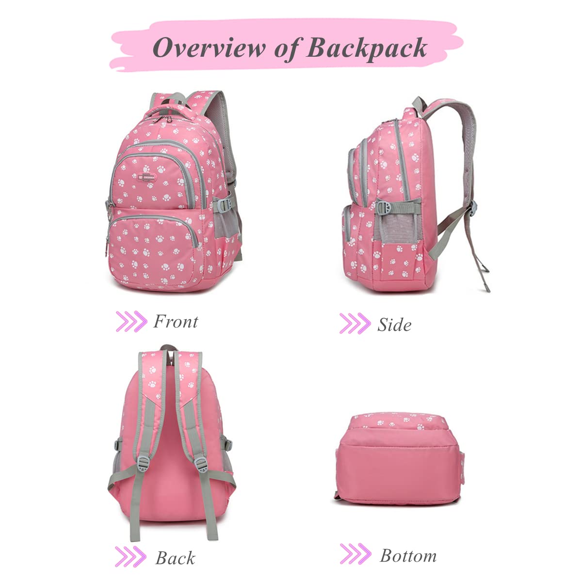 3Pcs Dog-Paw Prints Backpack and Lunch-Bag Set for Girls Middle School-Bag Elementary Bookbag Casual Daypack