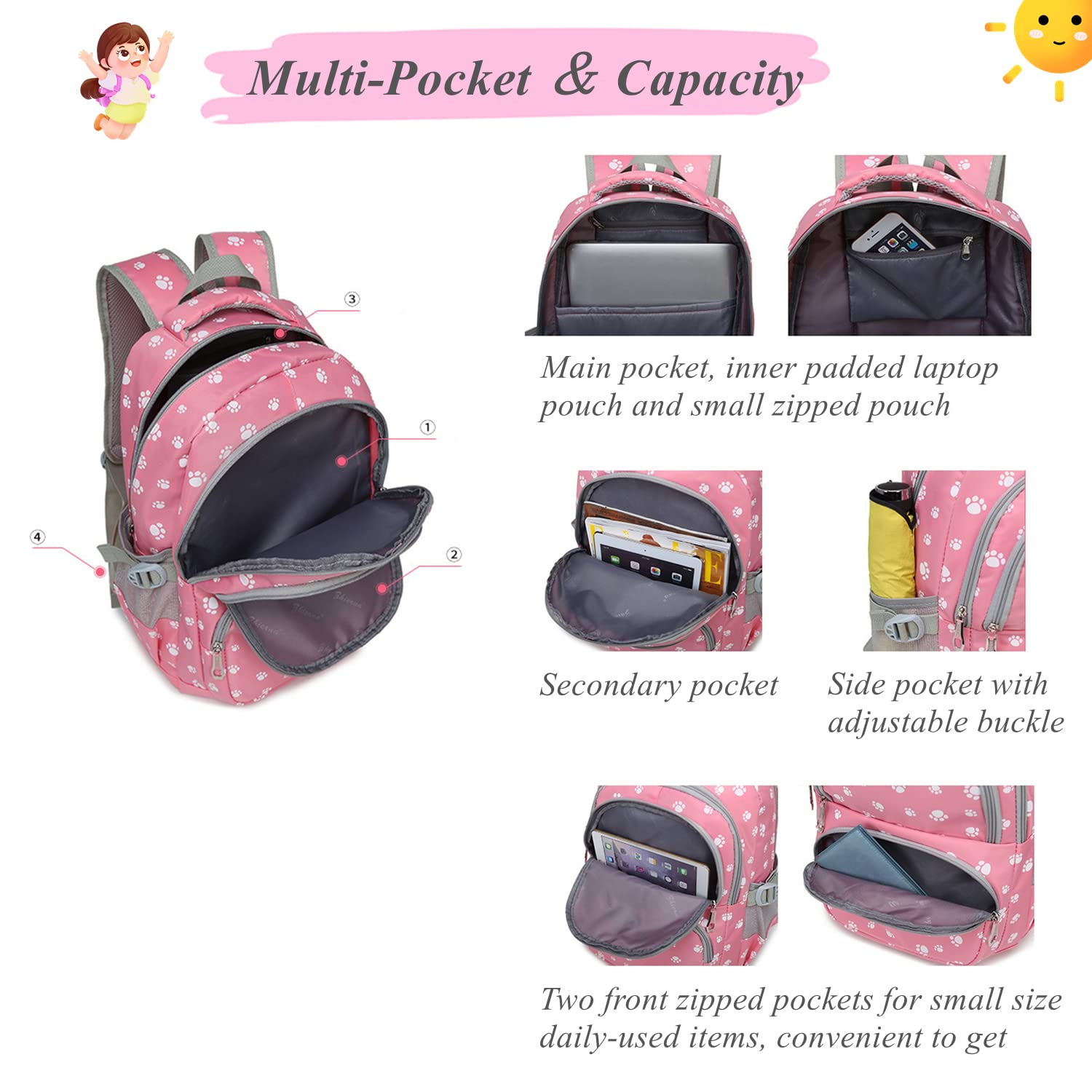 3Pcs Dog-Paw Prints Backpack and Lunch-Bag Set for Girls Middle School-Bag Elementary Bookbag Casual Daypack