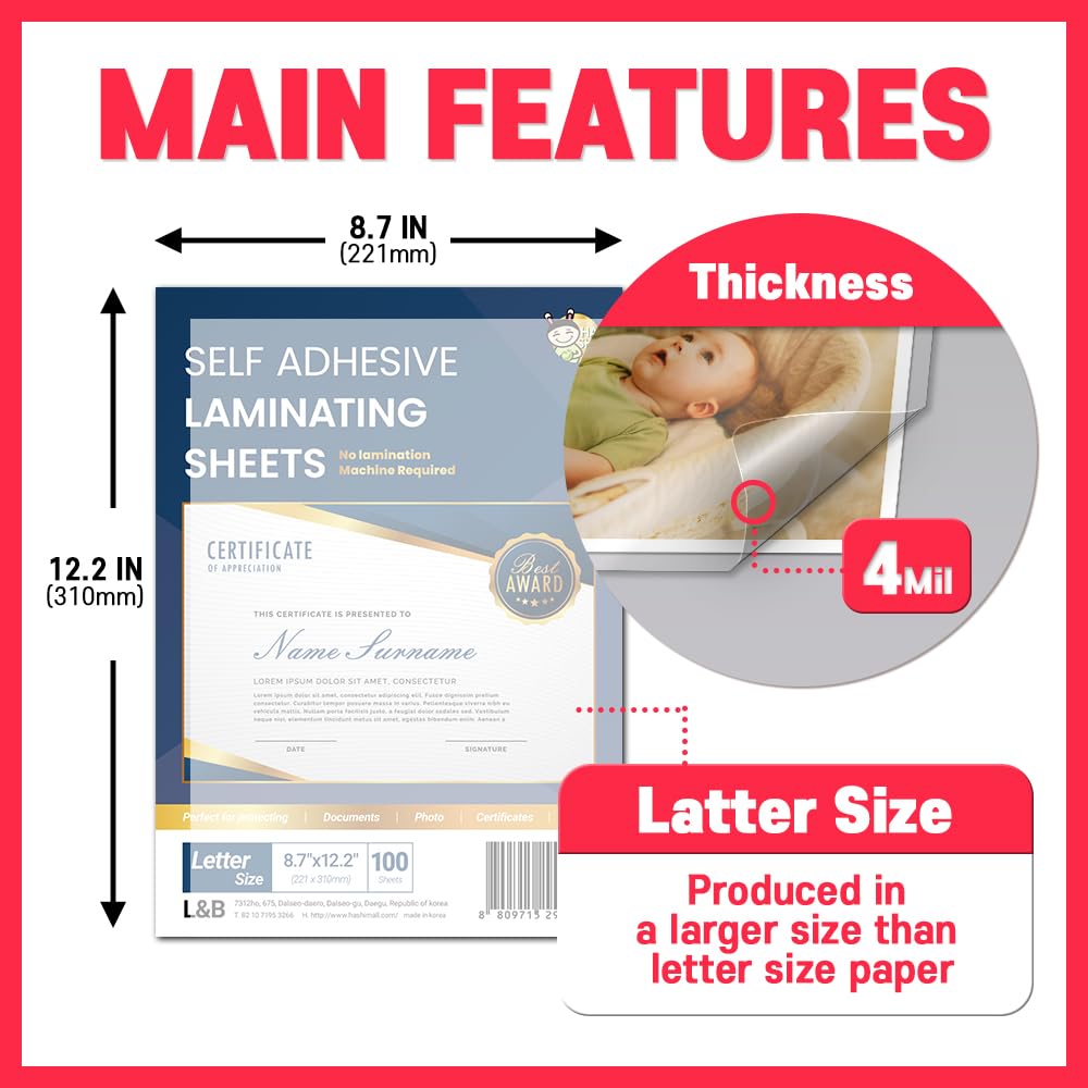 No Heat Laminating Sheets Self Sealing 8.5 x 11 Inch, 20 Pack, 4mil Thickness, No Machine Self Adhesive Laminating Sheets [Letter Size] by HA SHI