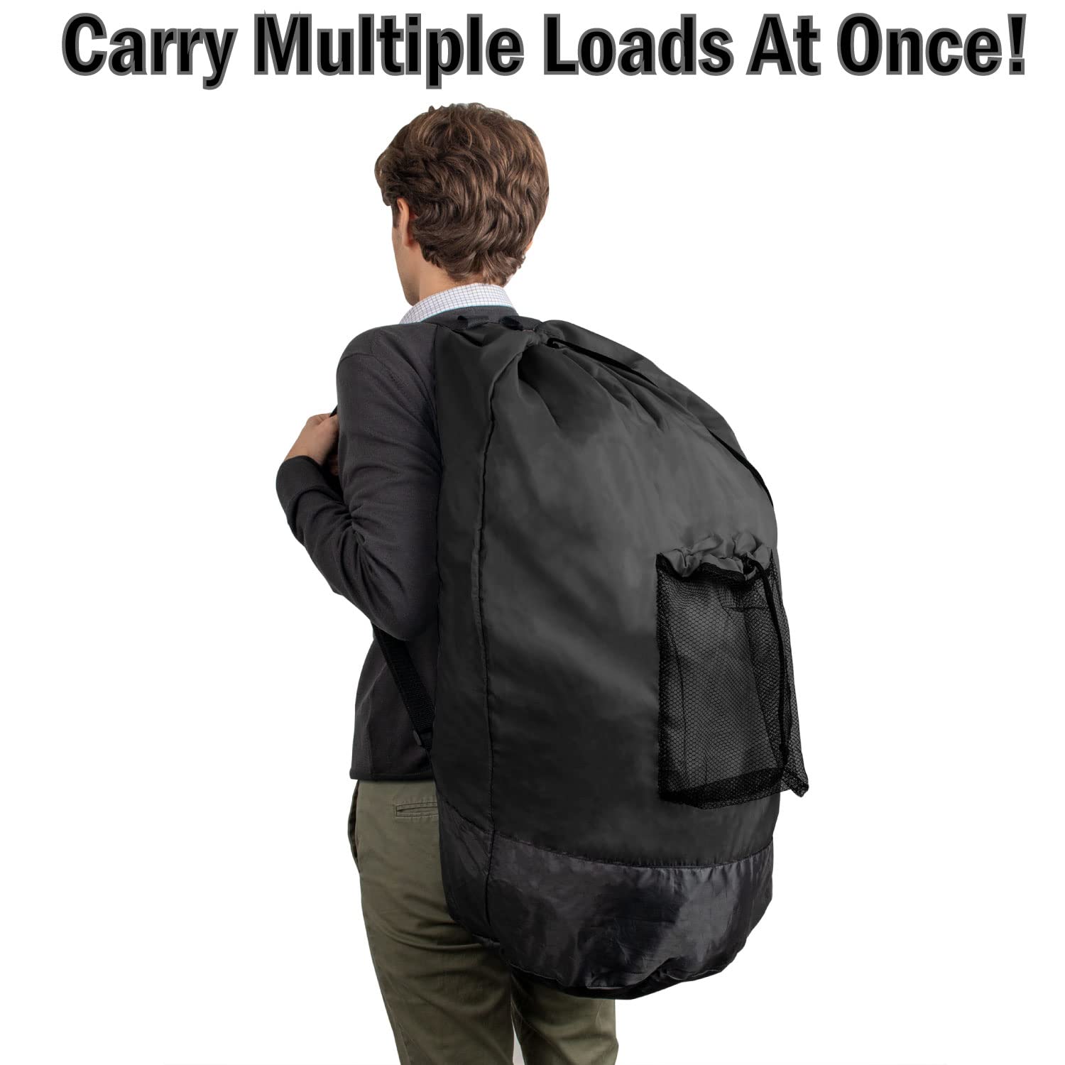 Laundry Bag Backpack with Shoulder Straps and Mesh Pocket Clothes Hamper Bag with Drawstring Closure for College, Travel, Laundromat, Apartment (Charcoal Grey)