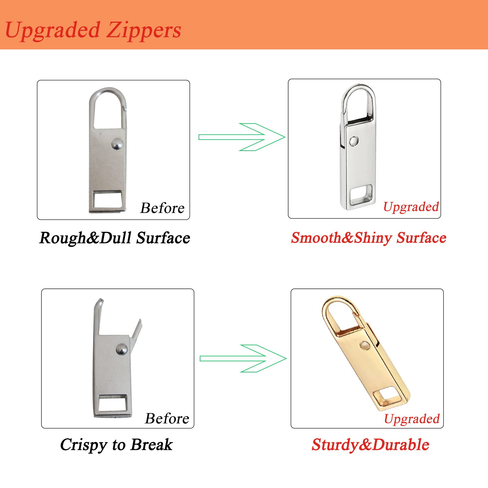 Urmspst Zipper Pull Replacement (2022 Upgraded), 16 Pcs Detachable Zipper Pull Tabs for Luggage Clothing Jackets Backpacks Boots Purse Coat(2Size, 4 Color Black, Silver, Gold, Brilliant Black)