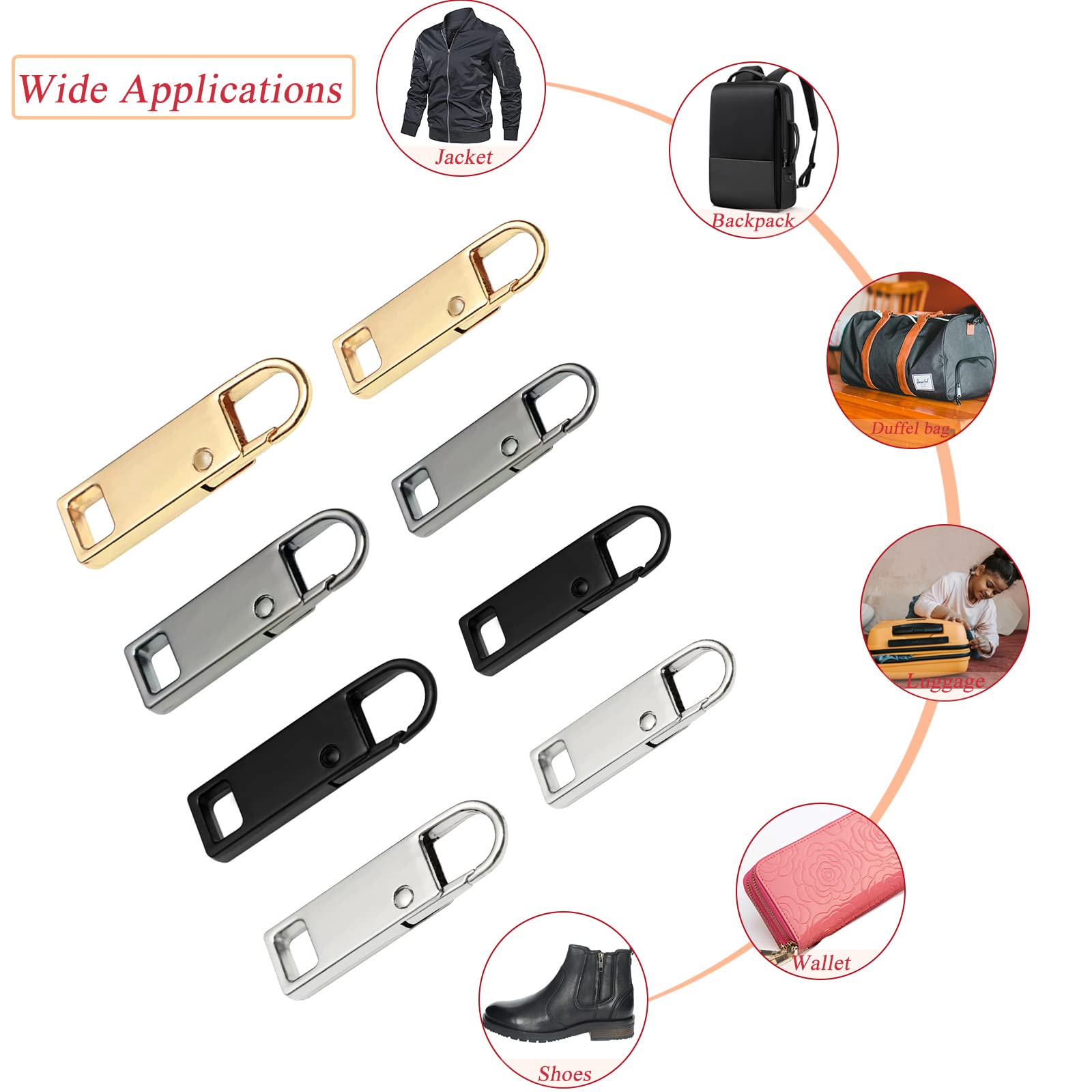 Urmspst Zipper Pull Replacement (2022 Upgraded), 16 Pcs Detachable Zipper Pull Tabs for Luggage Clothing Jackets Backpacks Boots Purse Coat(2Size, 4 Color Black, Silver, Gold, Brilliant Black)