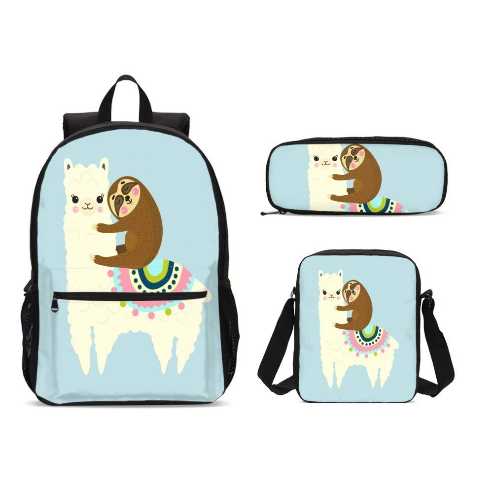 DuJiea Llama Sloth Kids Backpack Set 3 Piece Student Back To School Book Bag with Shouder Bag Pencil Case Box for Boys Girls 1-6th Grade