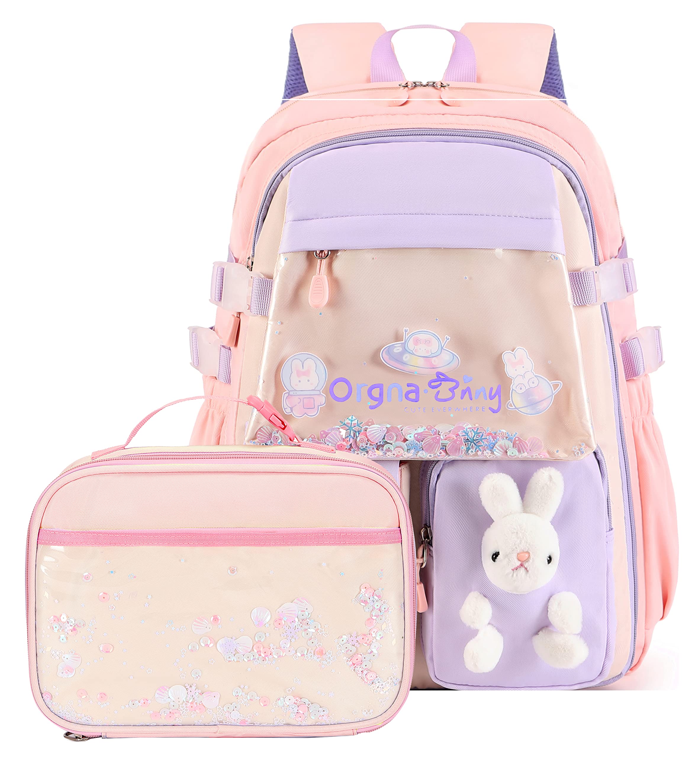 nine-tailed fox Bunny Backpack for Girls,Cute Backpack With Lunch Bag Kindergarten Preschool Elementary School Bookbag Set (Lunch Bag Sets Pink)
