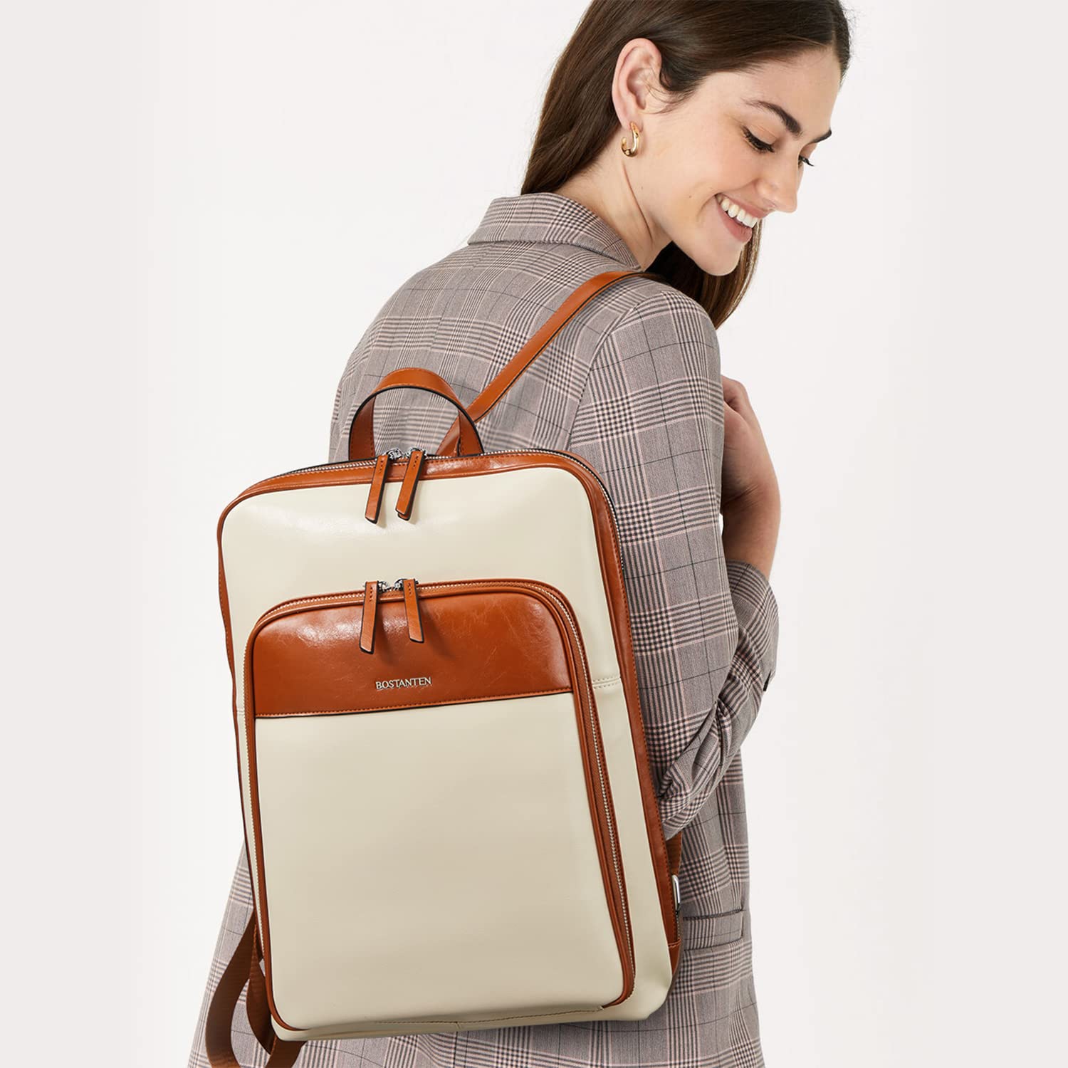 BOSTANTEN Leather Laptop Backpack for Women 15.6 inch Computer Bag Travel Work Daypack Large Size Bag