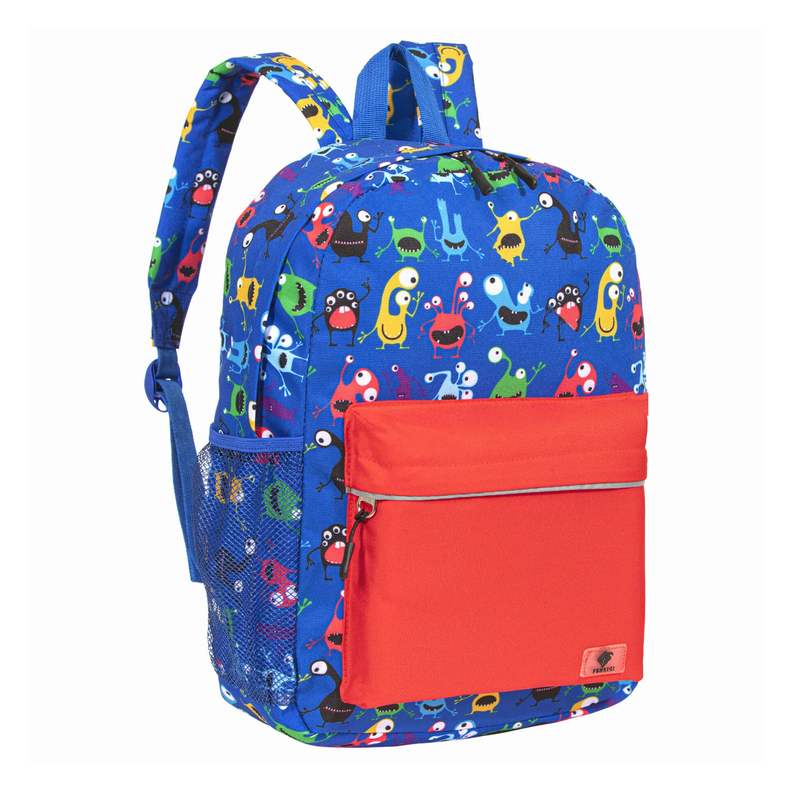Fenrici Monster Backpack for Boys, Girls, 16", Cute Preschool toddler Book Bag for Little Kids, Side Pocket, Lightweight, Water Resistant, Monster Characters