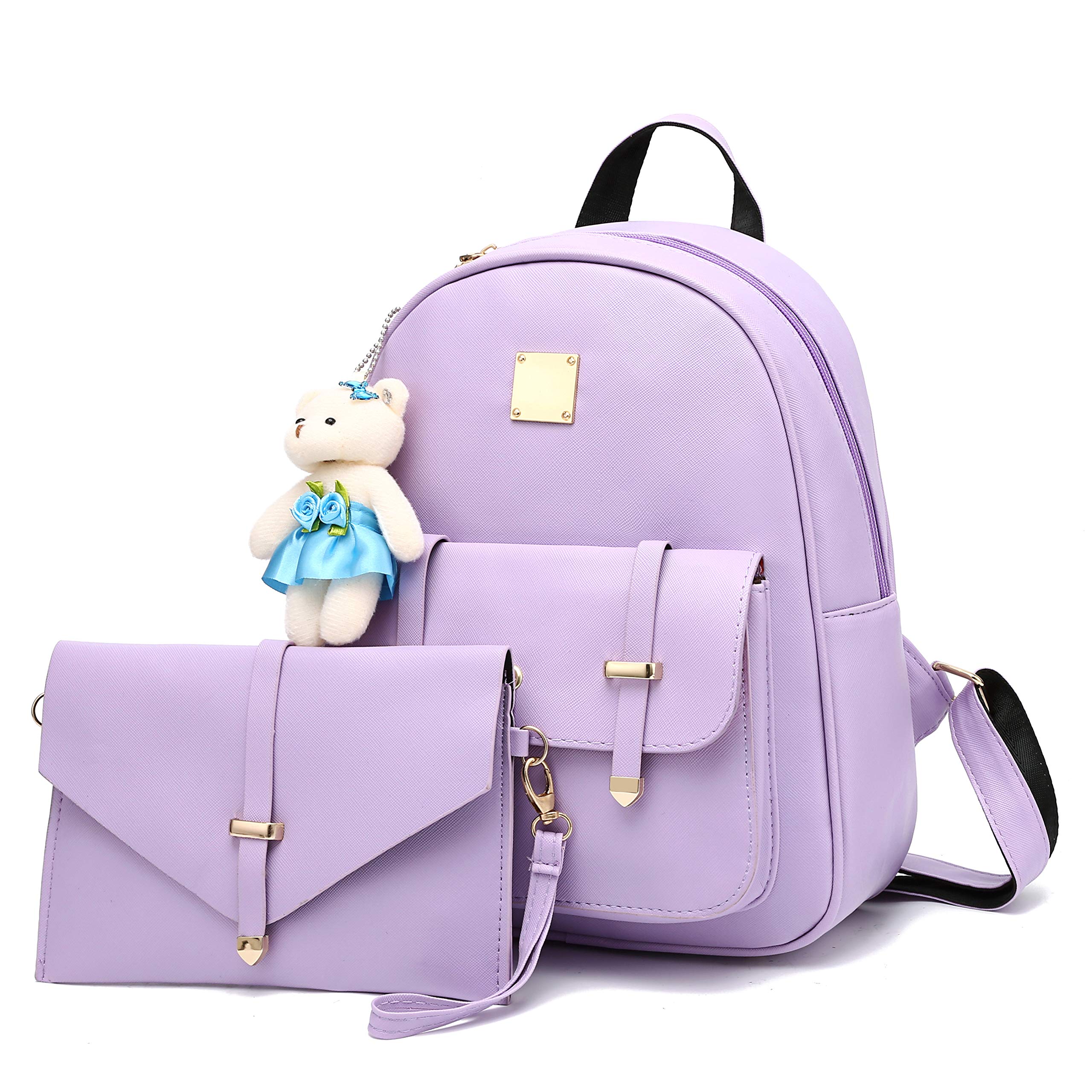 Cute Small Bag for Teen Girls Leather Bookbag Mini Purse Backpack Shoulder Bag with Cartoon Bear Keychain
