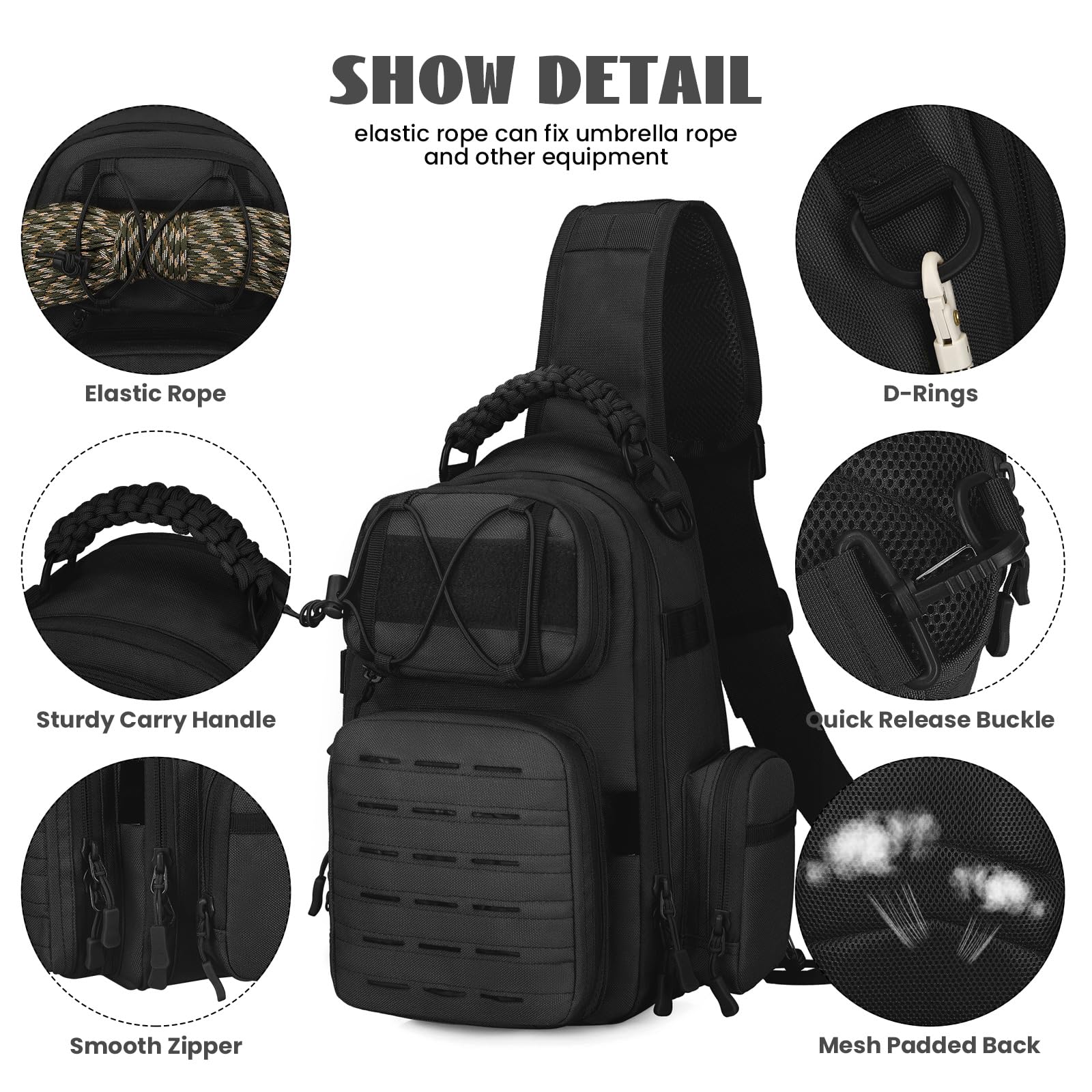 CamGo Tactical Sling Backpack Fly Fishing Tackle Bag Unisex MOLLE Casual Daypack for Fishing Hunting Hiking Travel