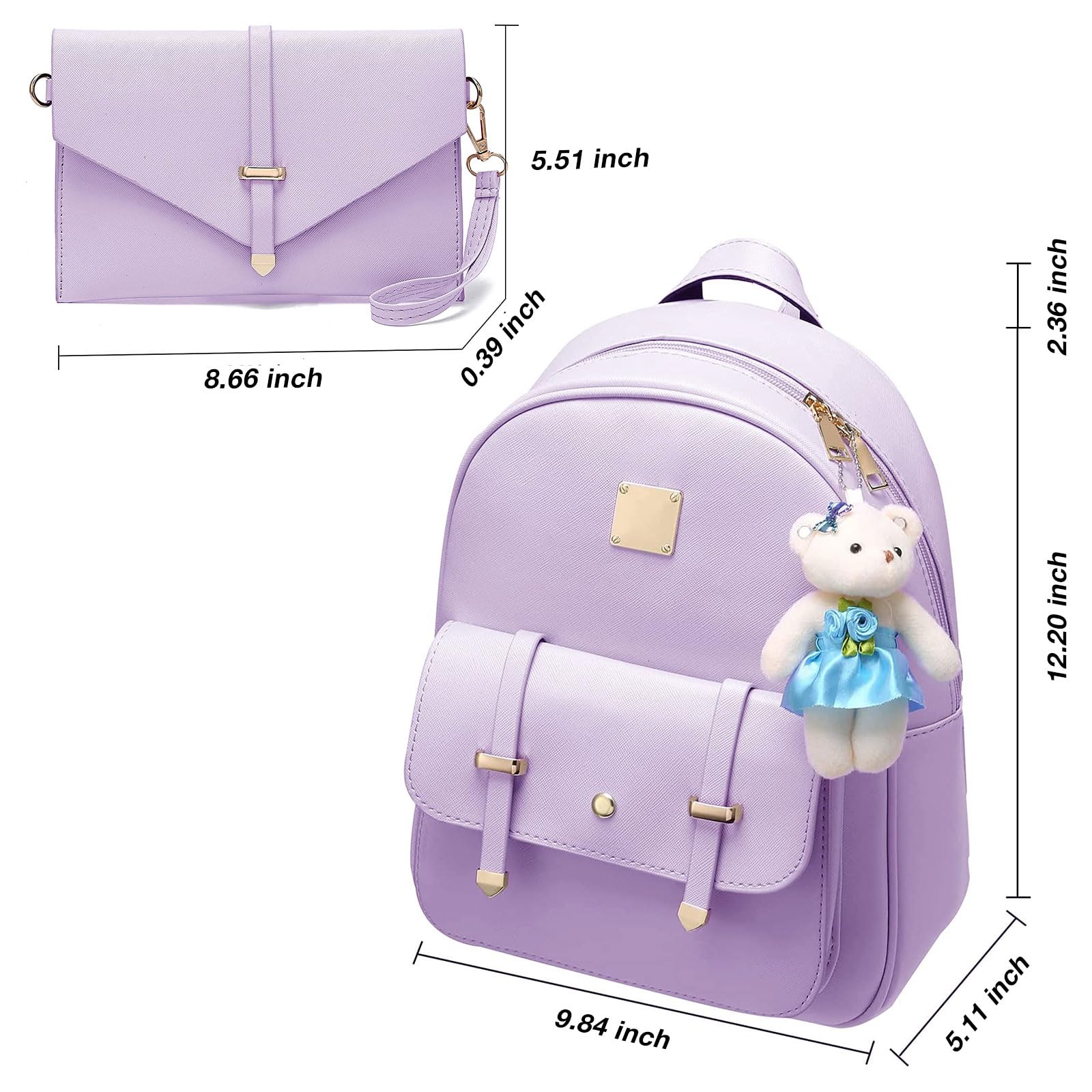 Cute Small Bag for Teen Girls Leather Bookbag Mini Purse Backpack Shoulder Bag with Cartoon Bear Keychain