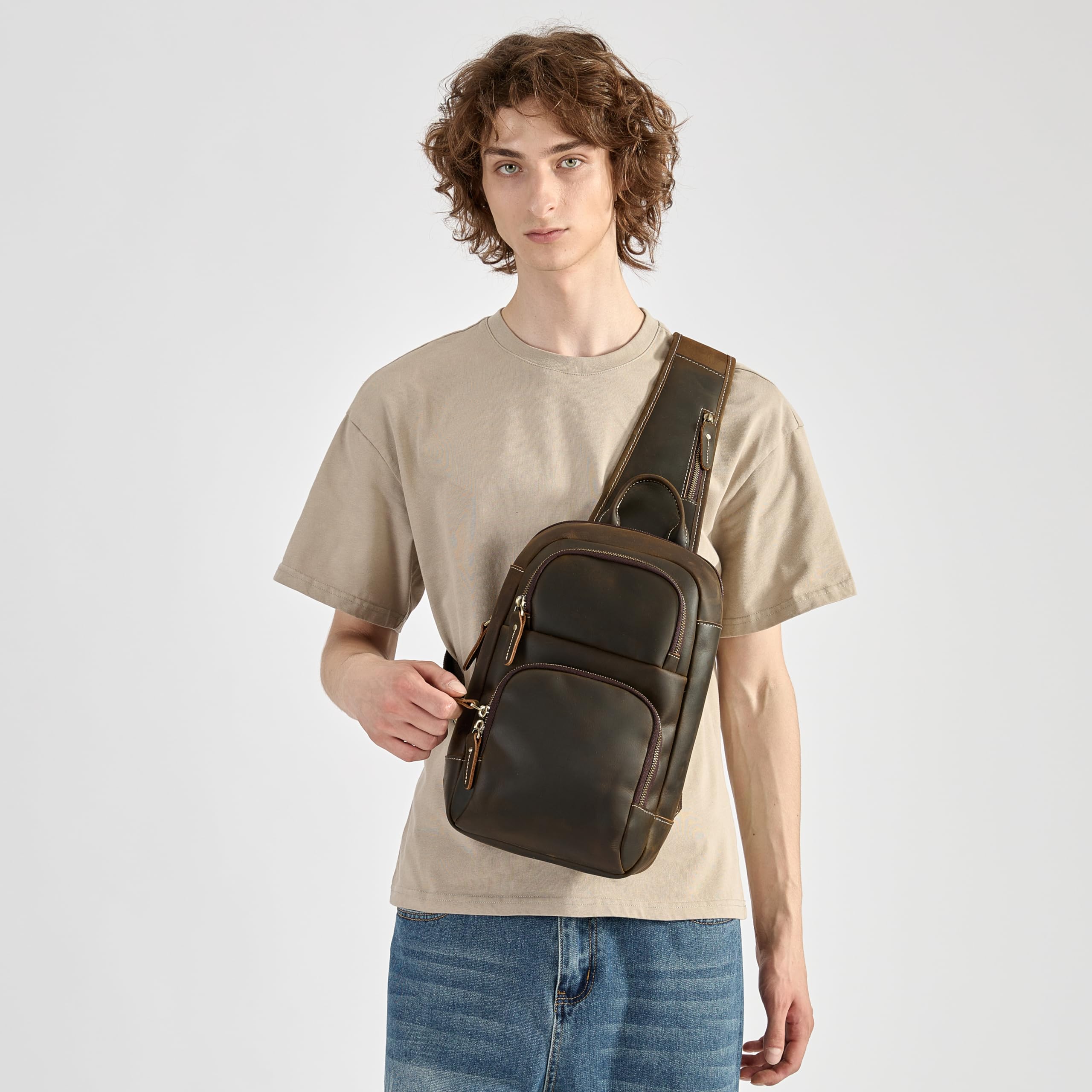 Hespary Vintage Full Grain Leather Sling Bag Men’s Travel/Hiking Chest Daypack