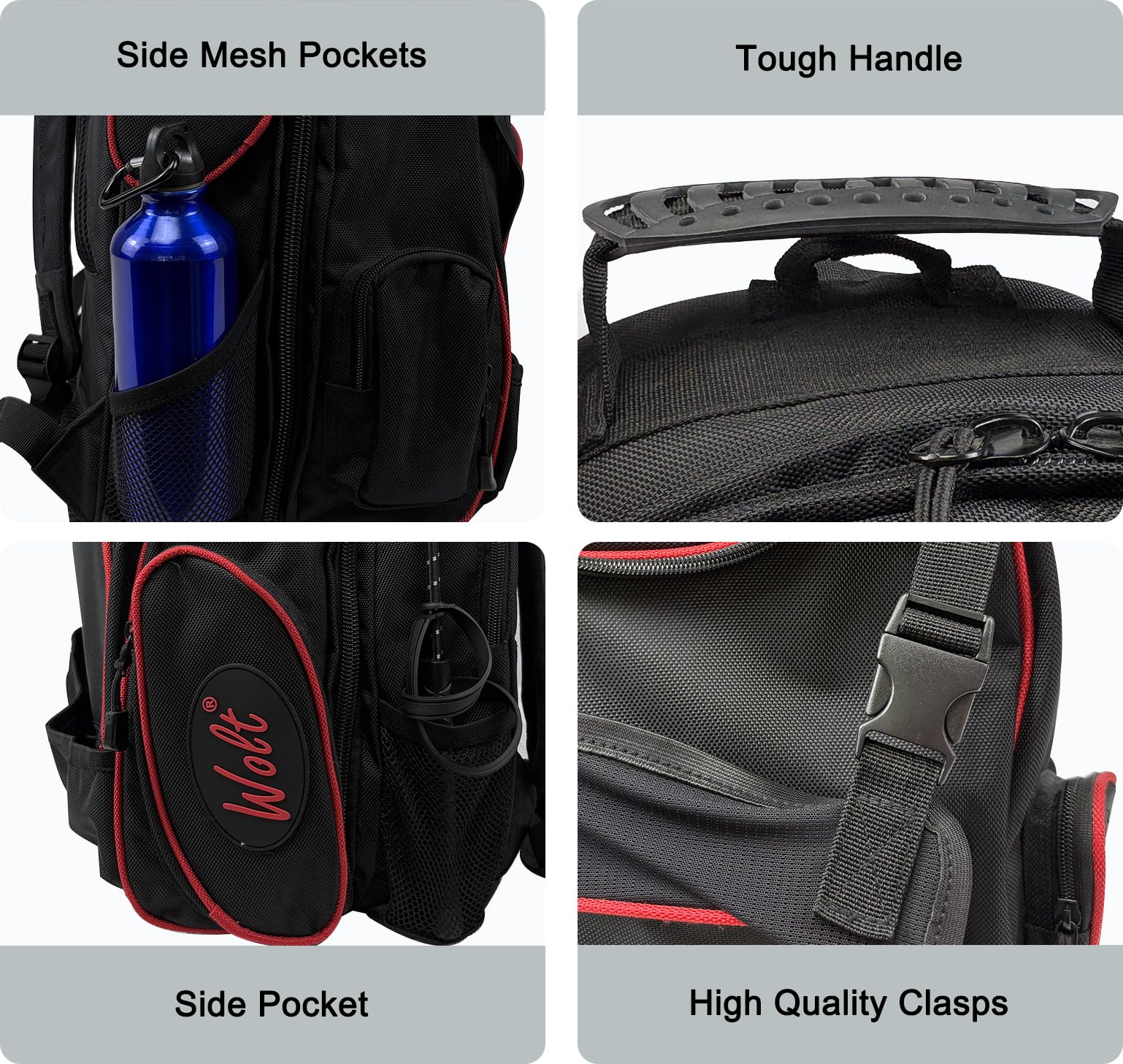 WOLT Professional Equestrian Backpack with Helmet Holder for Horse Riding, One Bag wih Multiple Compartments Carry All Accessories (NOT included), One Size Black+Red
