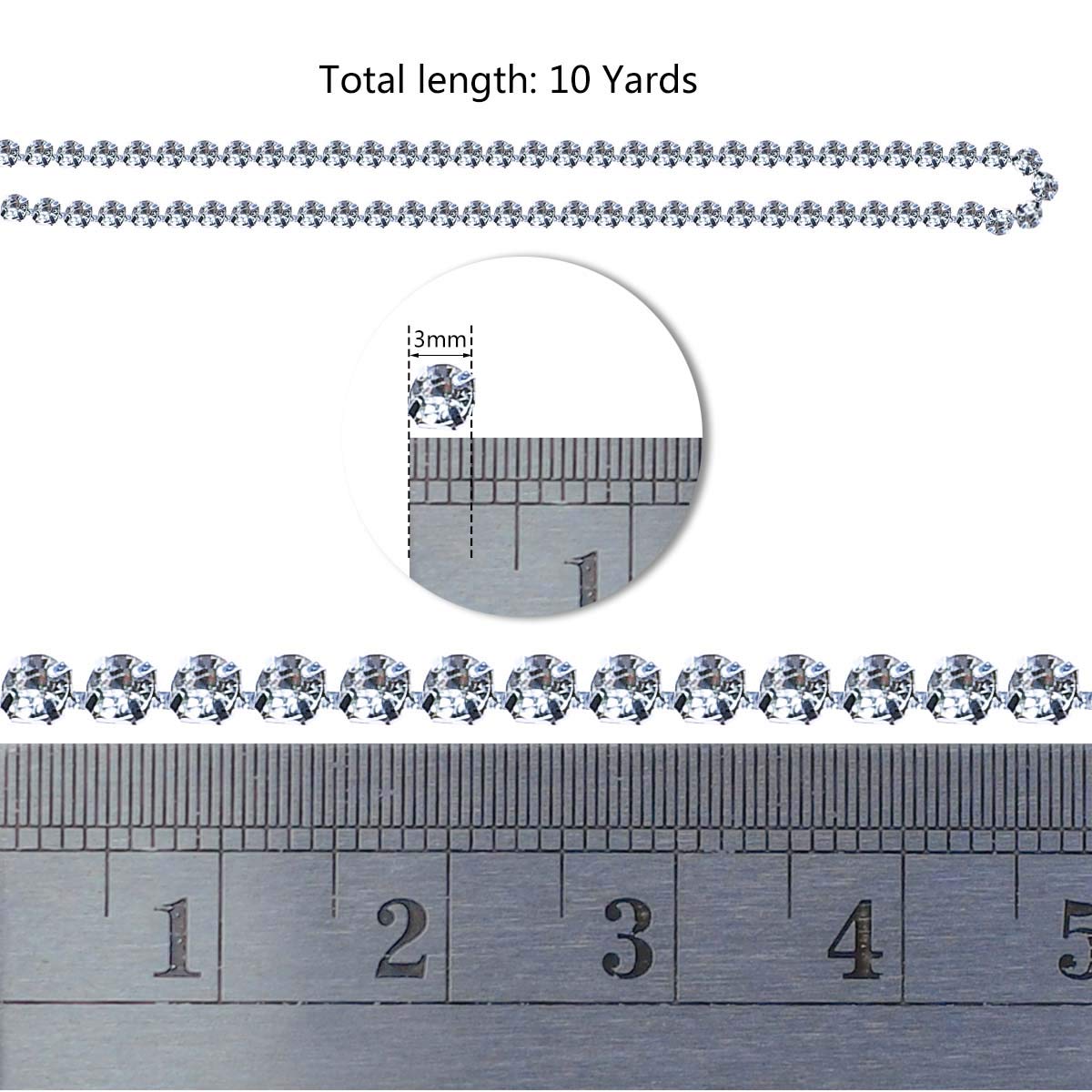 1 Roll 10 Yards 3MM Crystal Rhinestone Close Chain Trim for Sewing Craft DIY Decoration Jewelry Silver Crystal Claw Chain Rhinestone Cup Chain Rhinestone Diamond Chain Trimming Christmas Gift (SS12)