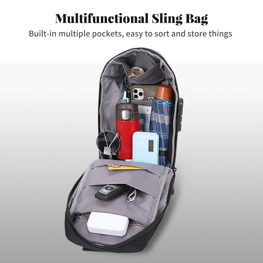 Jafeton Sling Bag Small Backpack Men Waterproof Crossbody Bag Anti Theft Chest Backpack Travel Shoulder Bag With Usb Charging Port Sling Pack With Lock Nylon Water Resistant