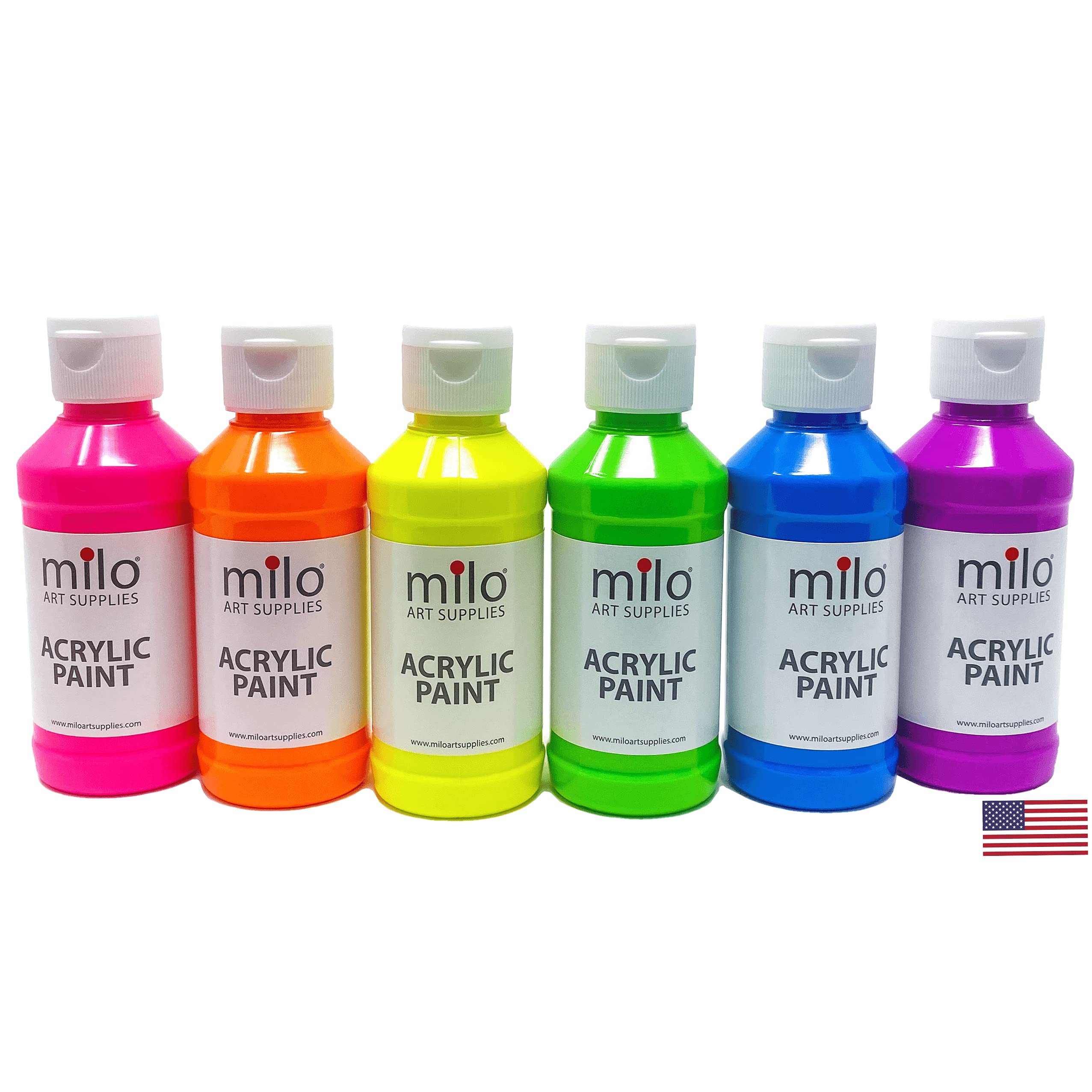 milo Fluorescent Acrylic Paint Set of 6 Colors | 4 oz Bottles | Student Neon Colors Acrylics Painting Pack | Made in the USA | Non-Toxic Art & Craft Paints for Artists, Kids, & Hobby Painters | Glows UV in Black Light