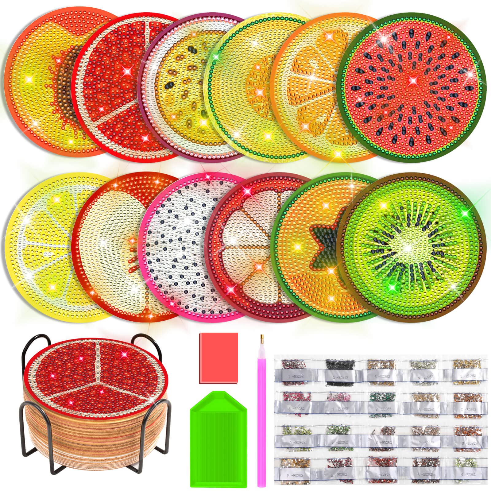 Billbotk 12 Pieces Diamond Painting Coasters with Holder, Diamond Art Coasters, Arts and Crafts for Adults, Small Diamond Painting Kits for Beginners