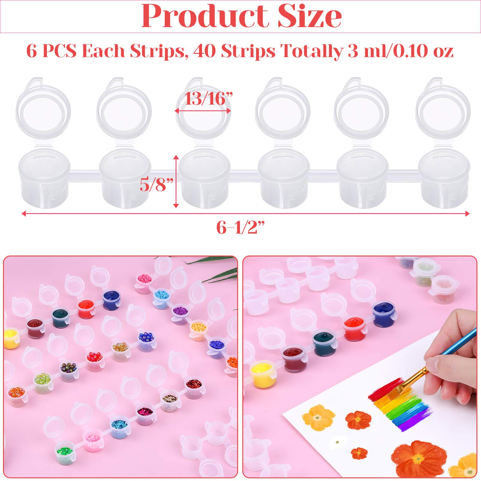 Caffox 240 Pieces Empty Paint Pot, 40 Strips Acrylic Mini Paint Container Strips Storage with Lids for Classrooms School Arts and Crafts Paint (3ml/ 0.1oz)
