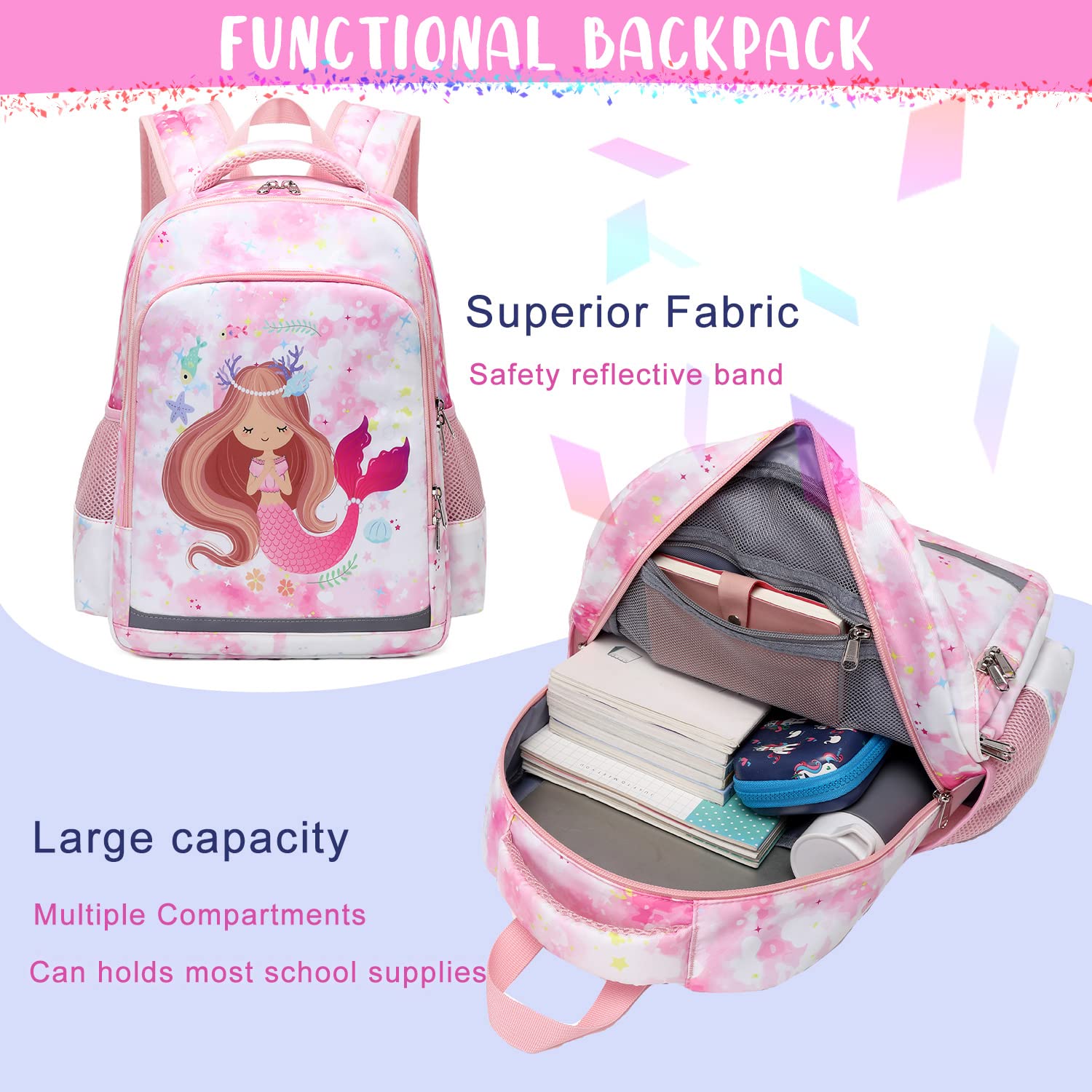Aimeen Backpack for Girls Mermaid Backpack with Lunch Bag Pencil Box 3 in 1 Sets for Age 3+ Children Teen Elementary Lightweight School Bags