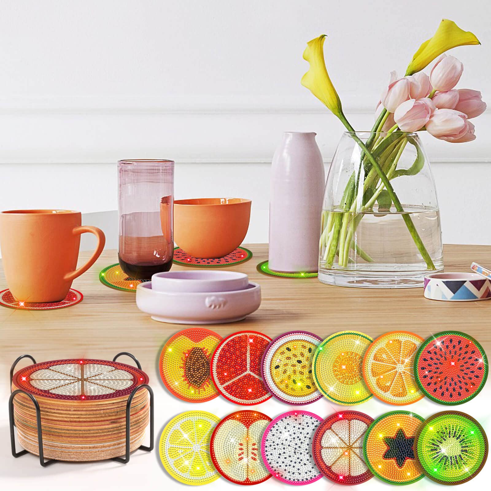 Billbotk 12 Pieces Diamond Painting Coasters with Holder, Diamond Art Coasters, Arts and Crafts for Adults, Small Diamond Painting Kits for Beginners