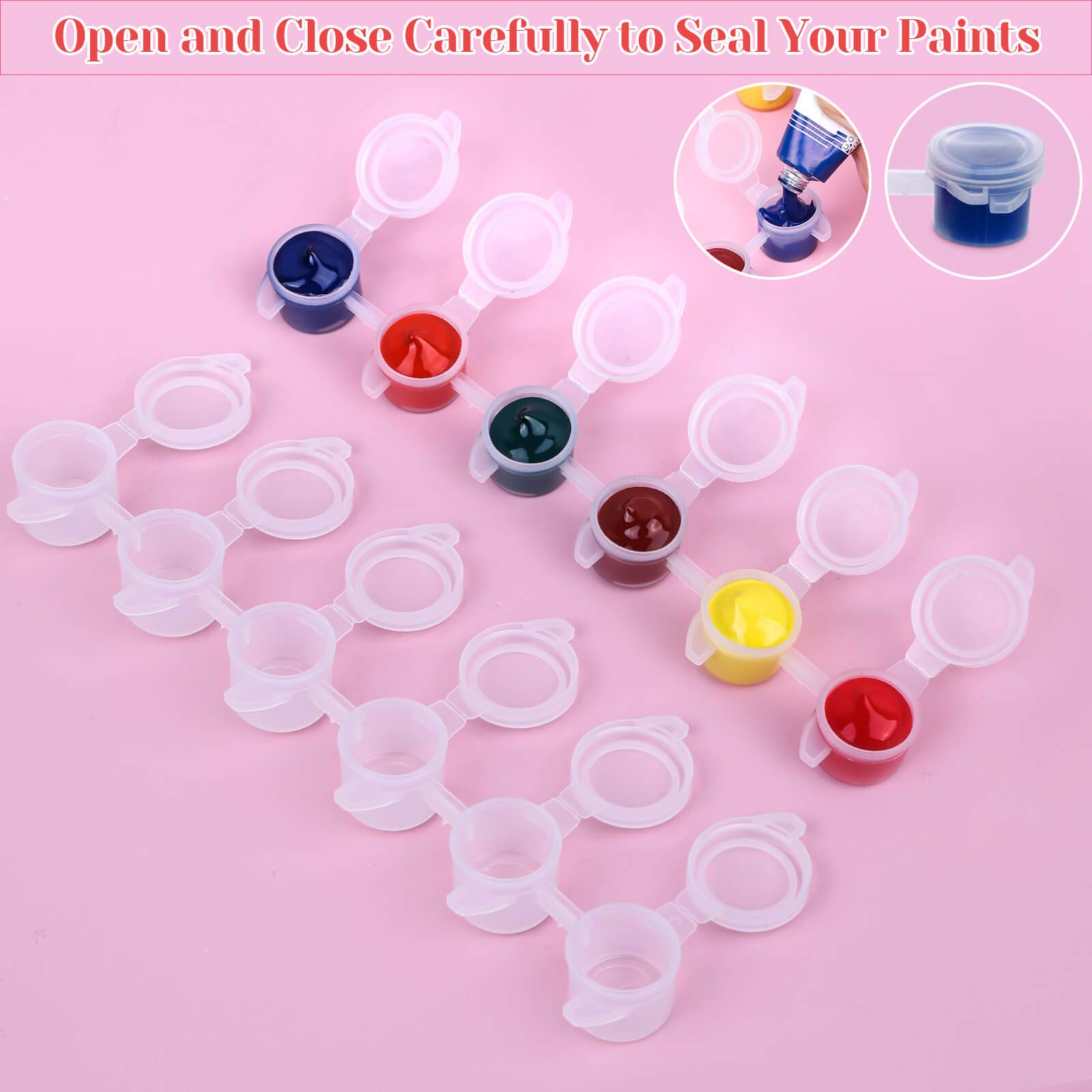Caffox 240 Pieces Empty Paint Pot, 40 Strips Acrylic Mini Paint Container Strips Storage with Lids for Classrooms School Arts and Crafts Paint (3ml/ 0.1oz)