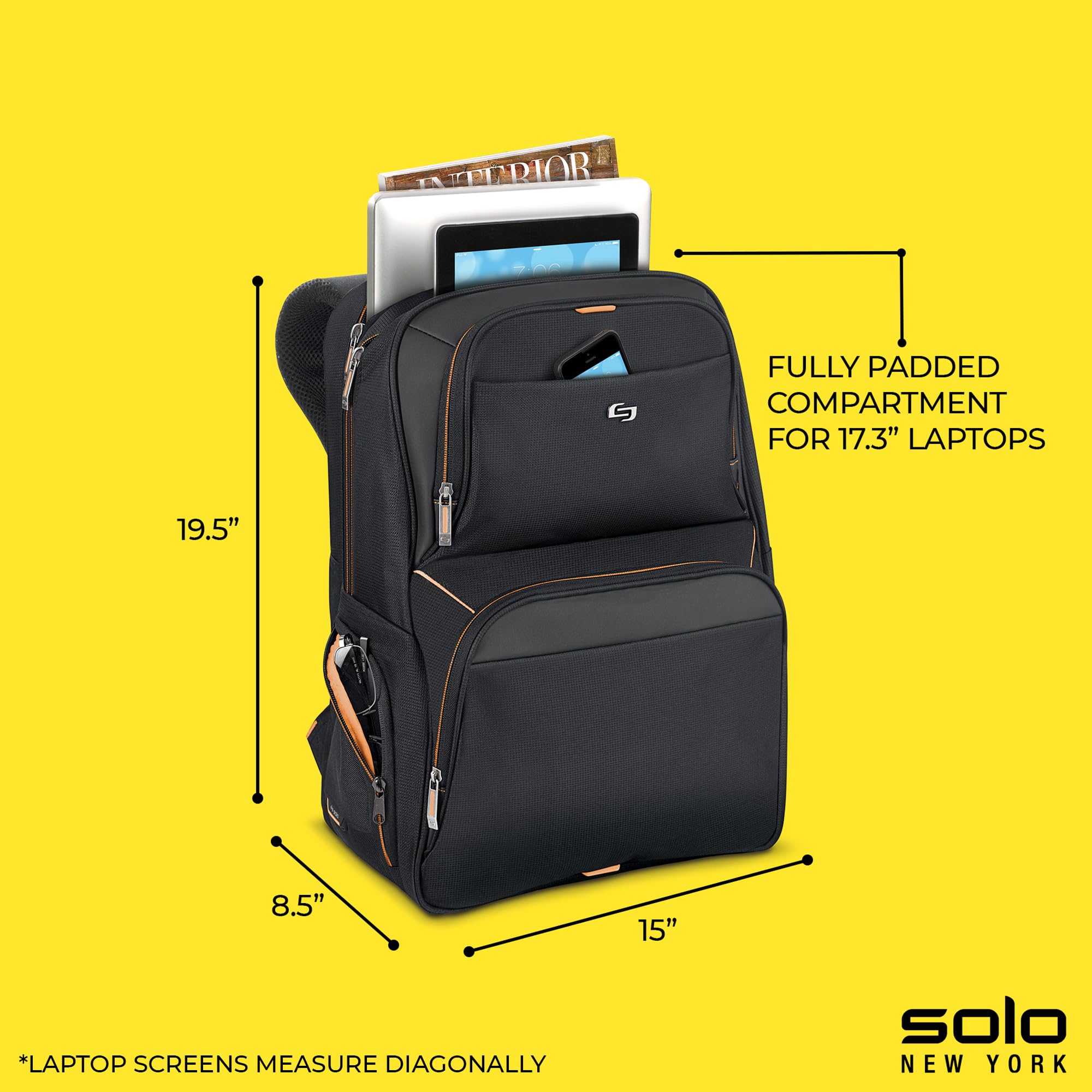 Solo New York UBN701-4 17.3 Inch Laptop Backpack, Black, 17.5 x 11.75 x 8