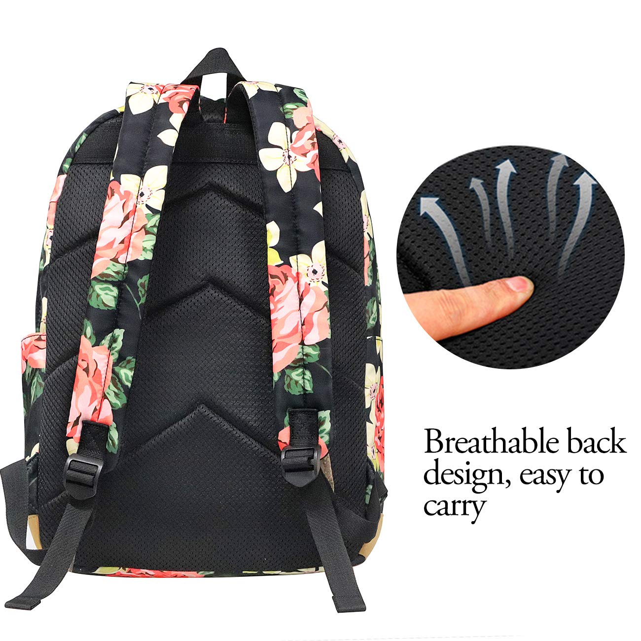 Teen Girl School Backpack with Lunch Box Pencil Case, 3 in 1 Canvas Student BookBag Set for Elementary School (Floral)